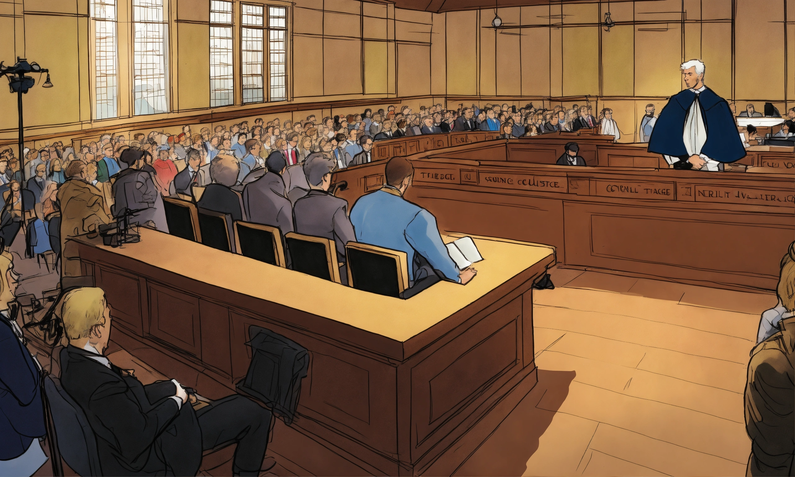 Lexica - Comic drawing of a person on trial in a courtroom with lots of ...