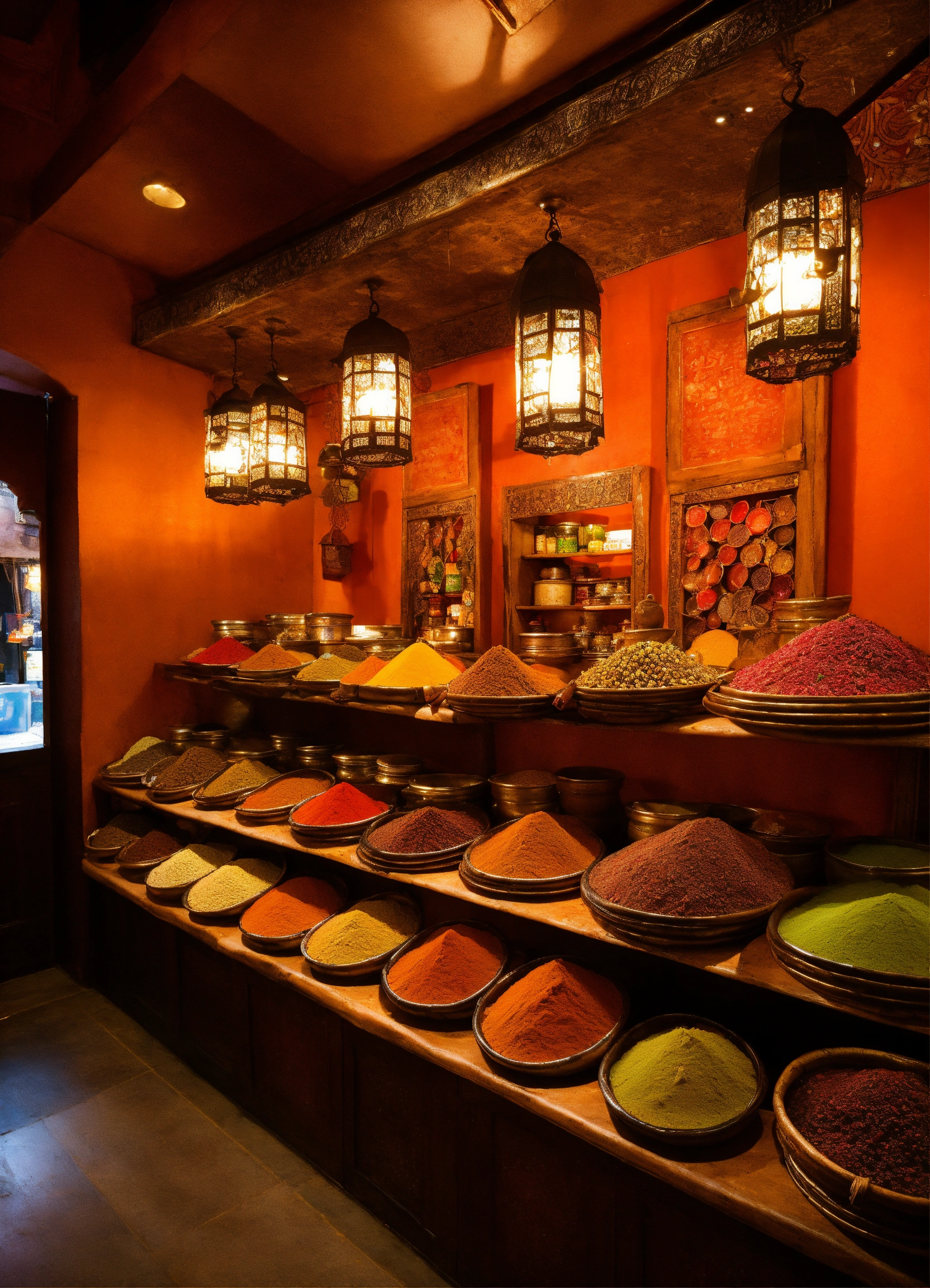 Lexica - Indian restaurant, a vibrant spice bazaar theme, Spice Market" small cart where diners ...