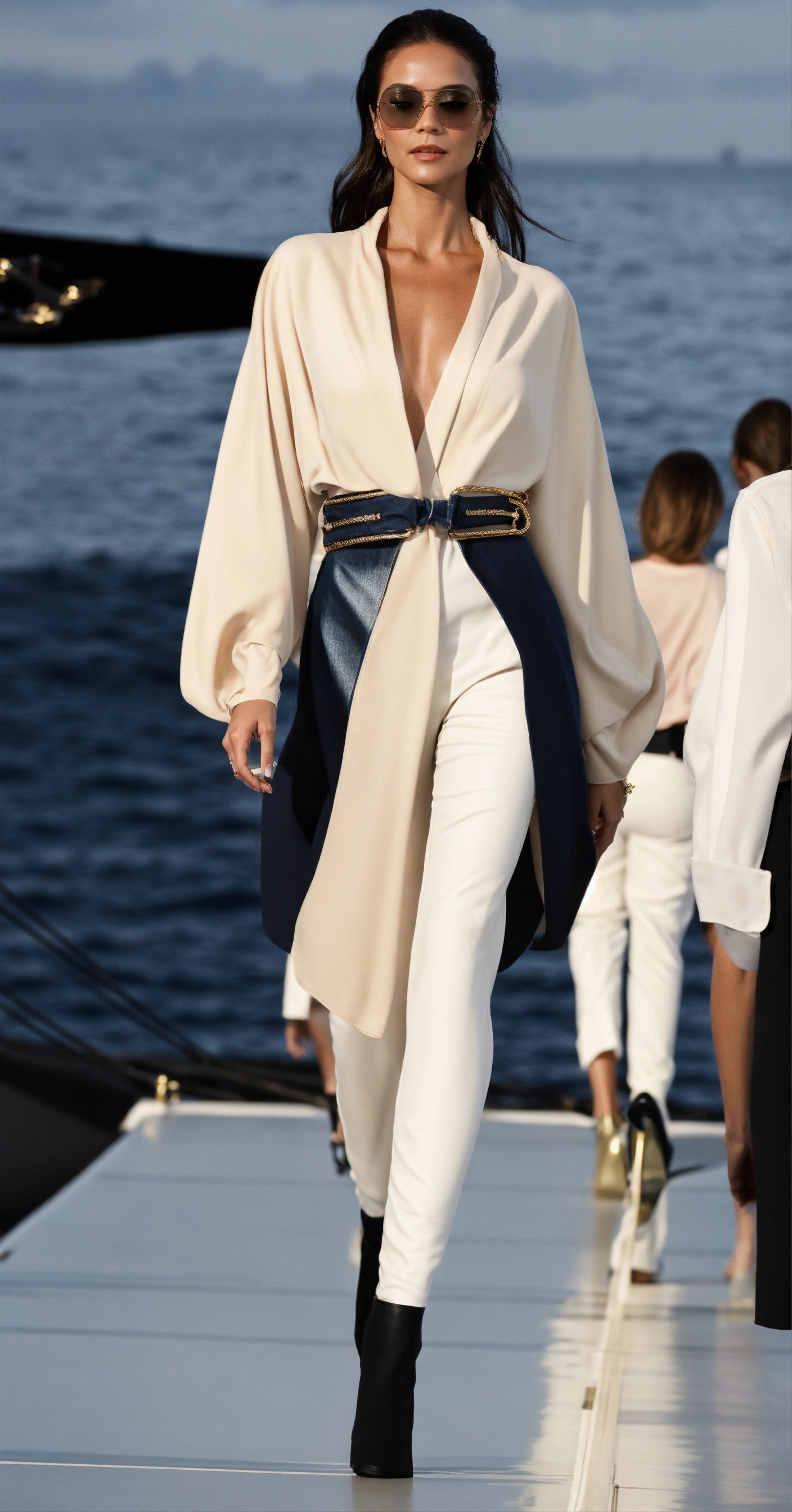 Lexica - 3d realistic photo of female captain walking runway during ...