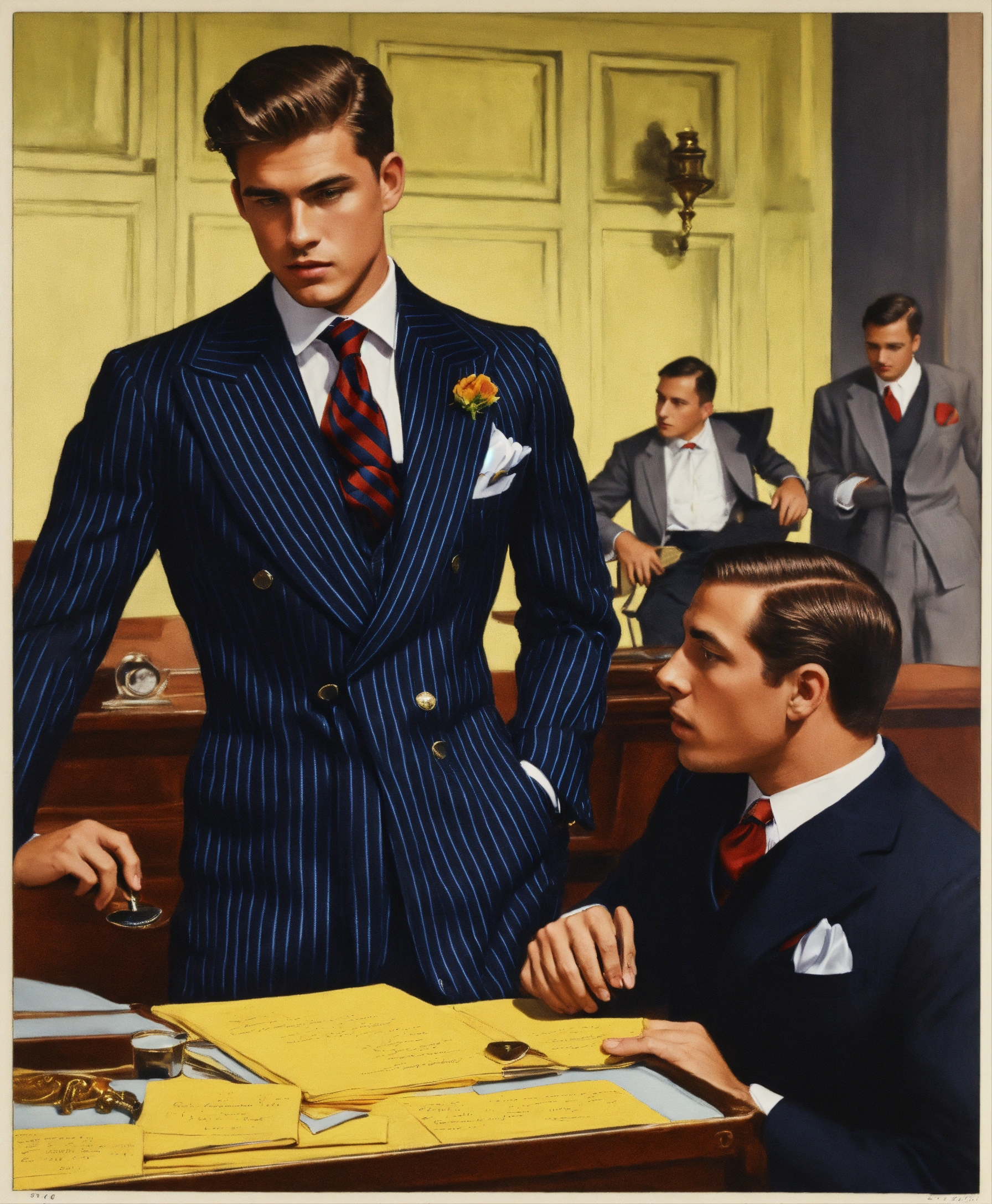 Lexica - A young British boss in navy pinstripe vested suit, club tie ...