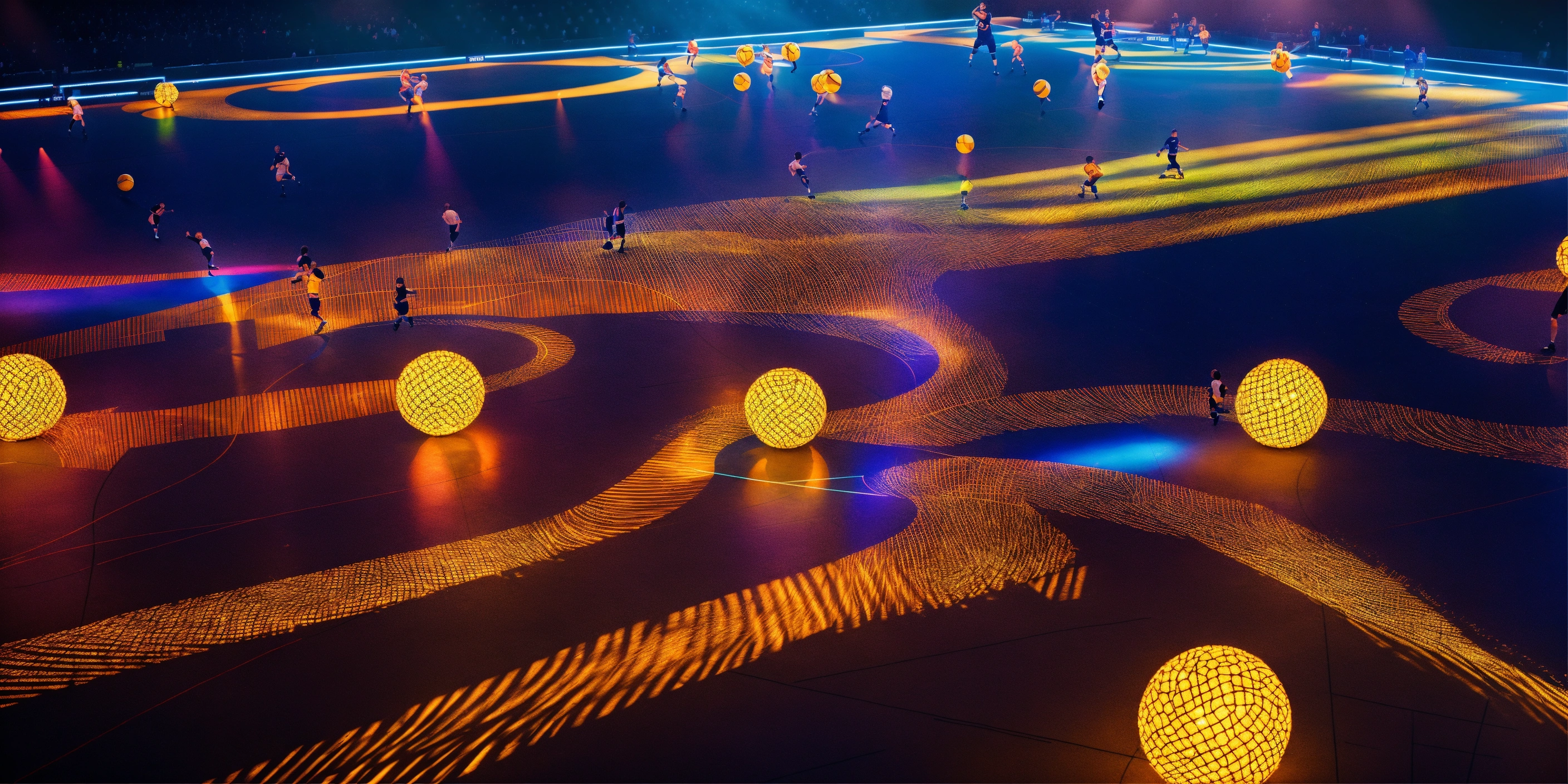 Lexica - Design an image featuring 50 illuminated handballs forming ...