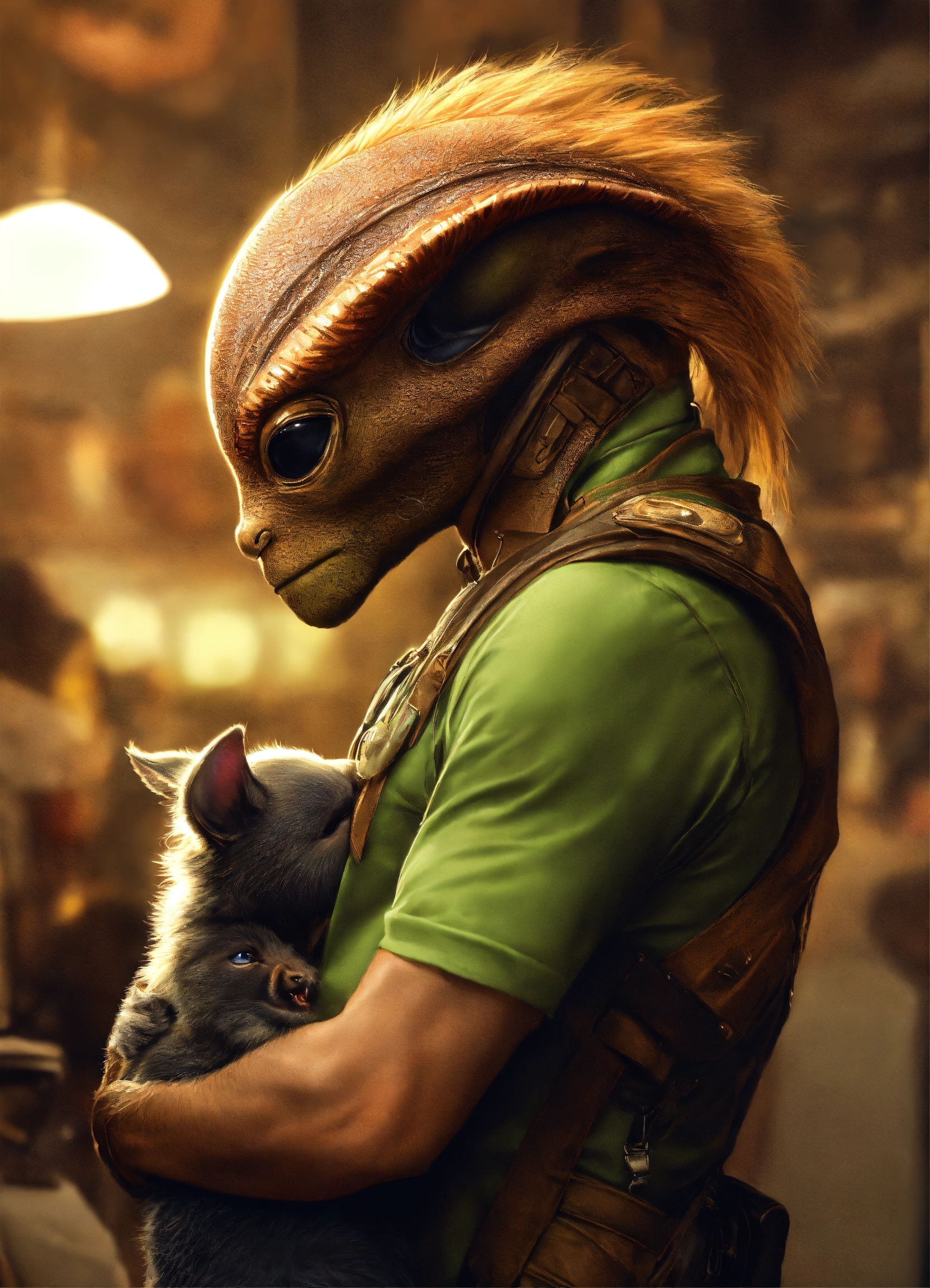 Lexica - Furry alien embracing a human male. photorealism
