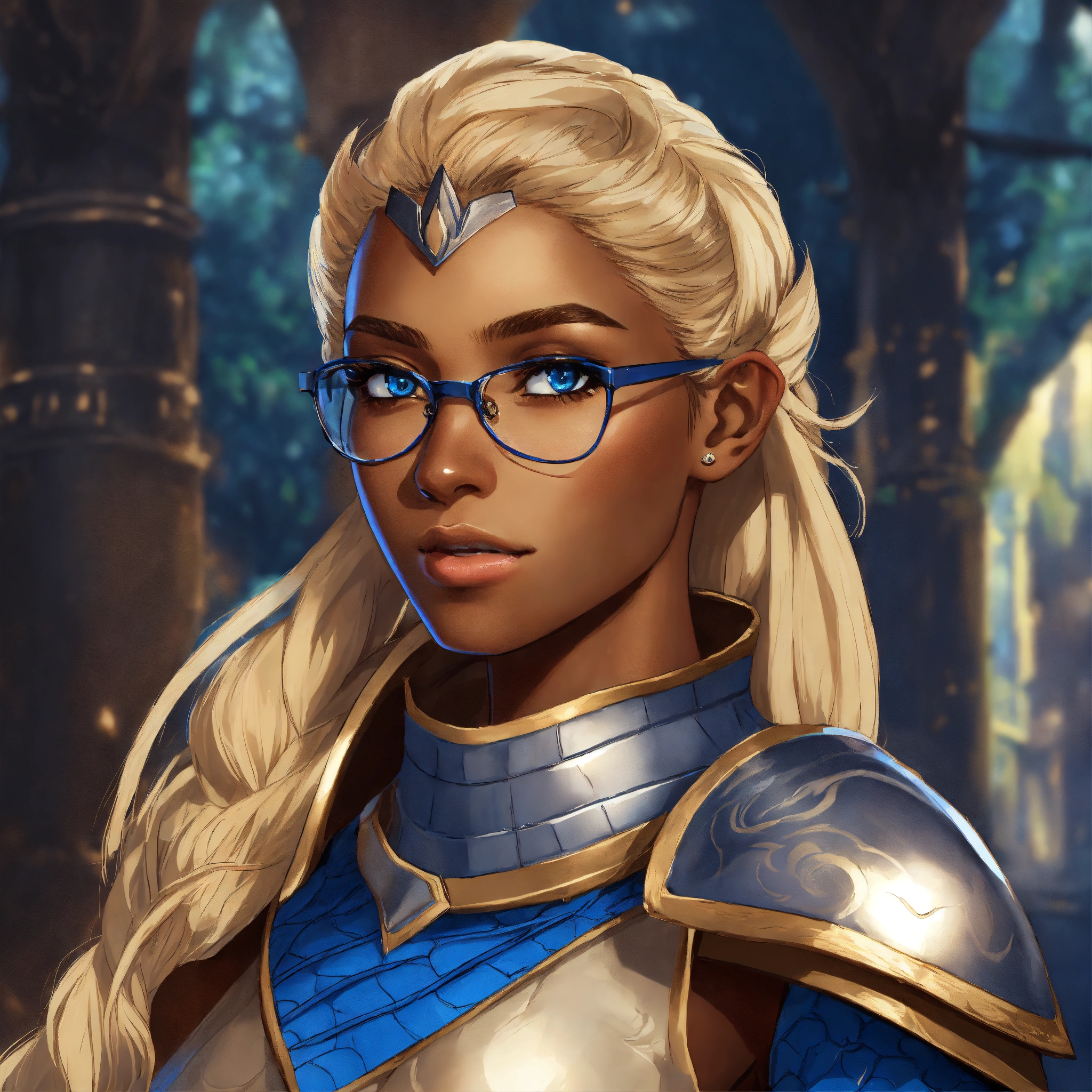 Lexica - A very brown skinned half elf woman, wearing glasses with deep ...