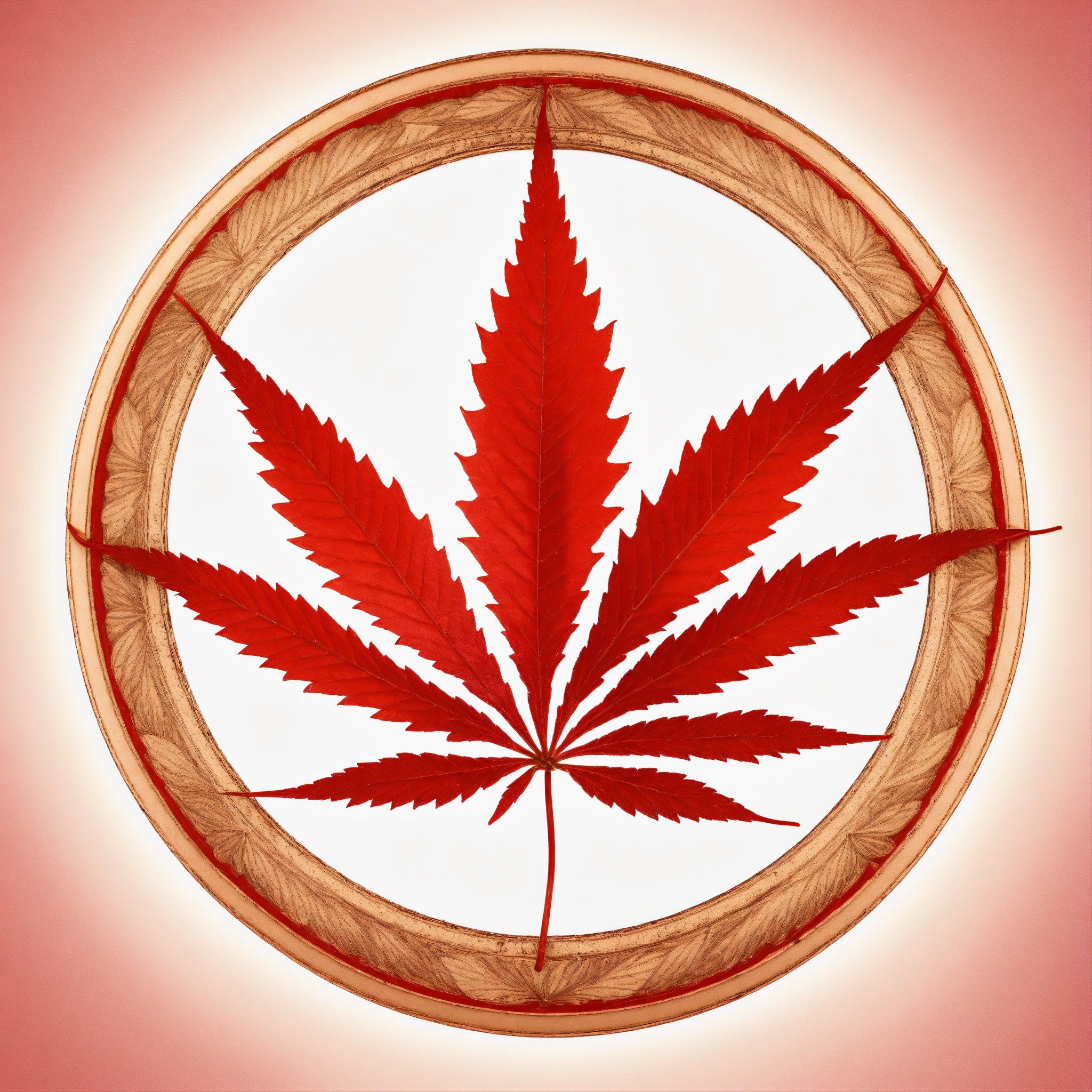 Lexica - Beautiful red marijuana leaf in center on white background and round frame