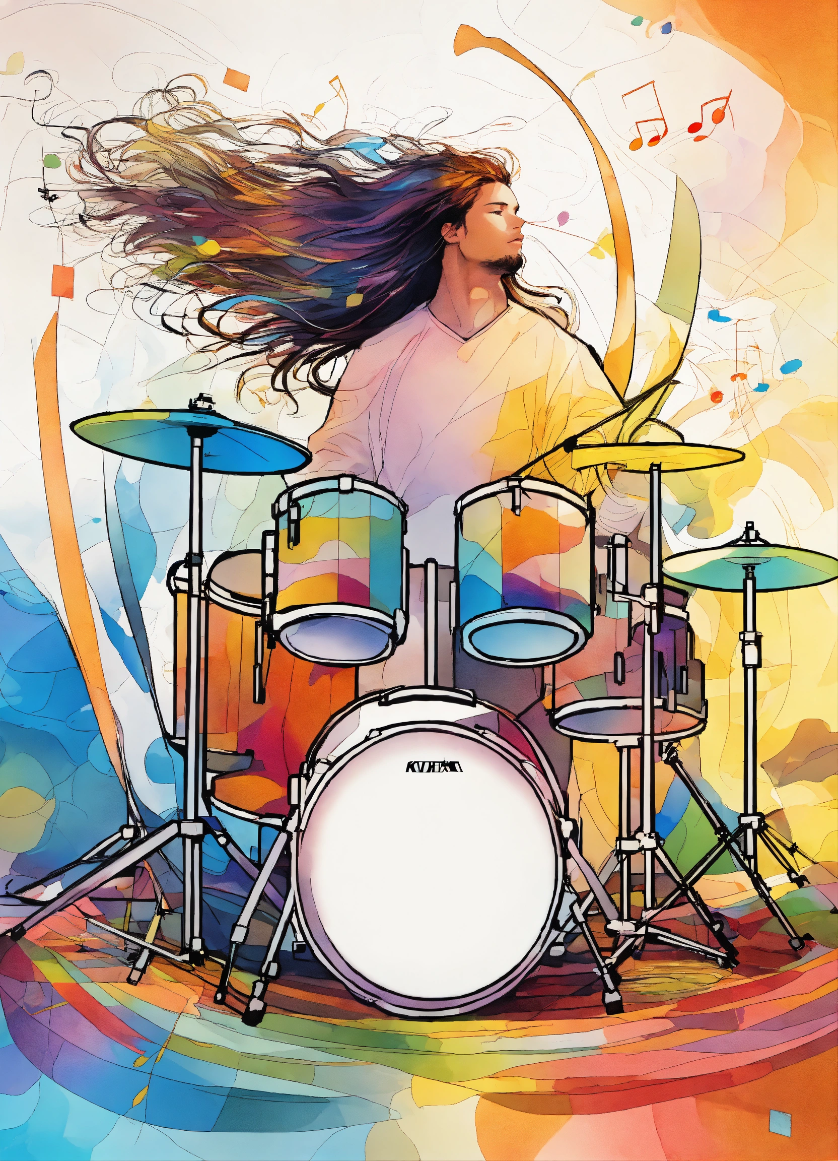 Lexica - View of a drummer with long hair playing music, centered, lots ...