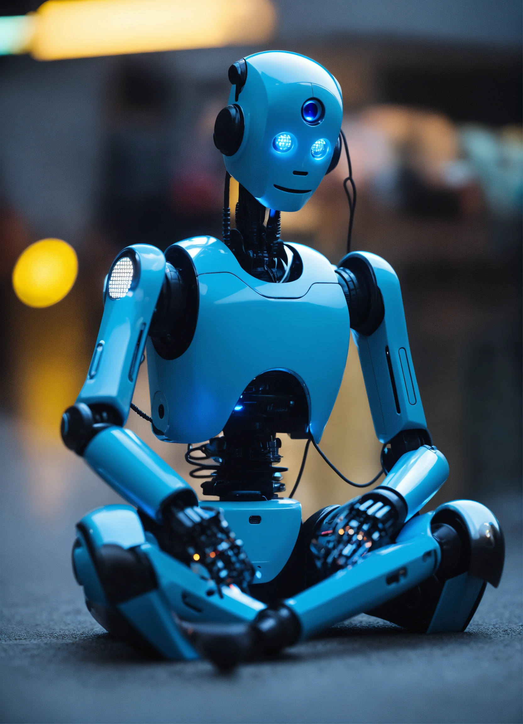Lexica - Robot-human sitting with phone light blue, black