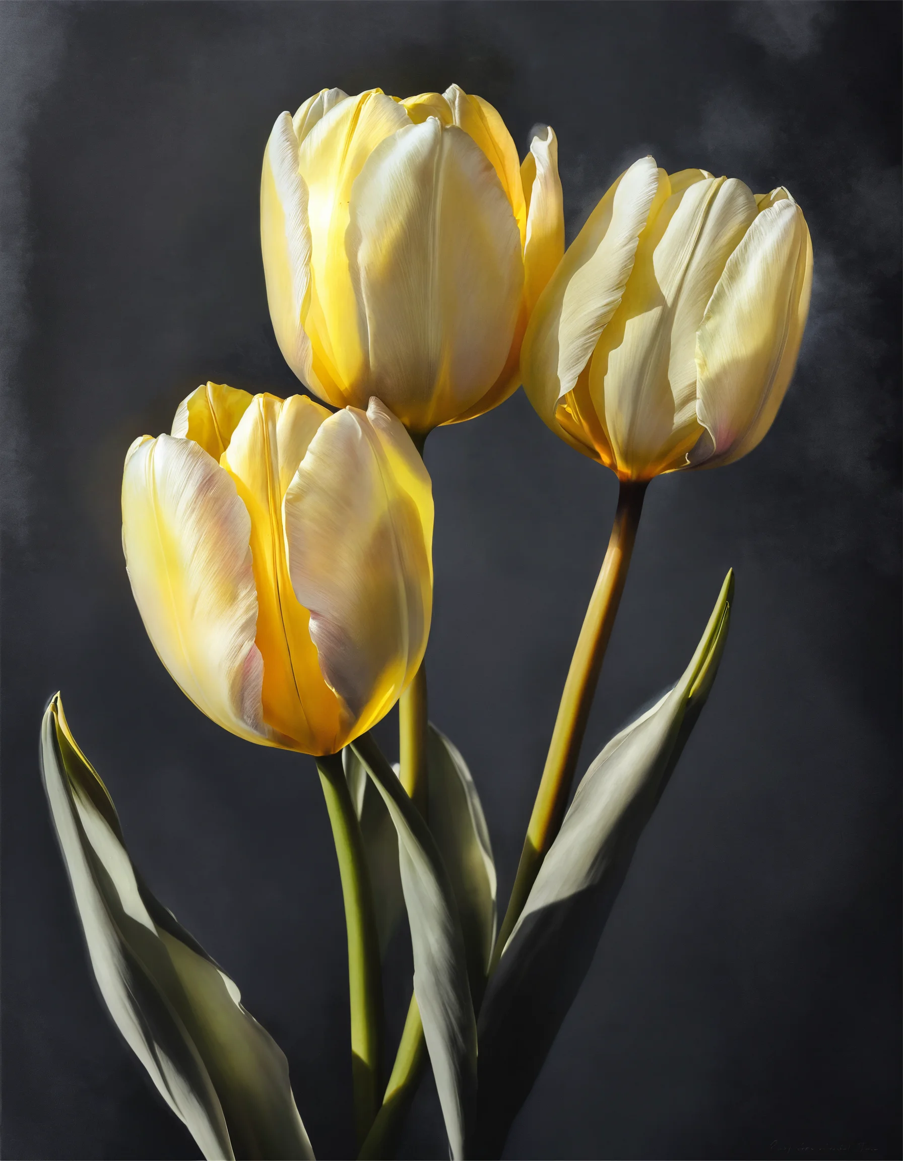 Lexica - Beautiful realistic light two tulip pastel yellow on a dark ...