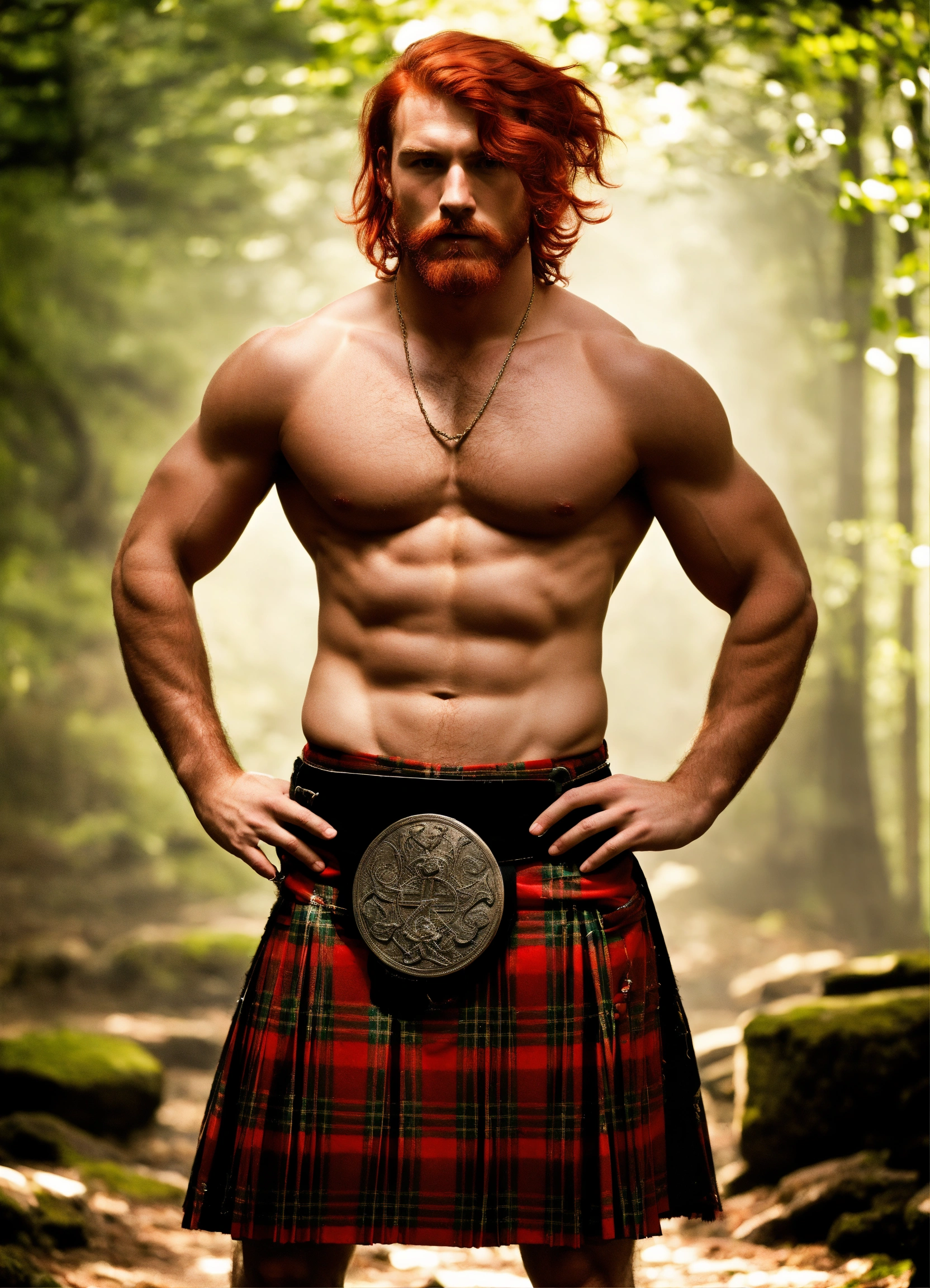 Lexica - A Scotsman in a kilt, shirtless, red hair, athletic