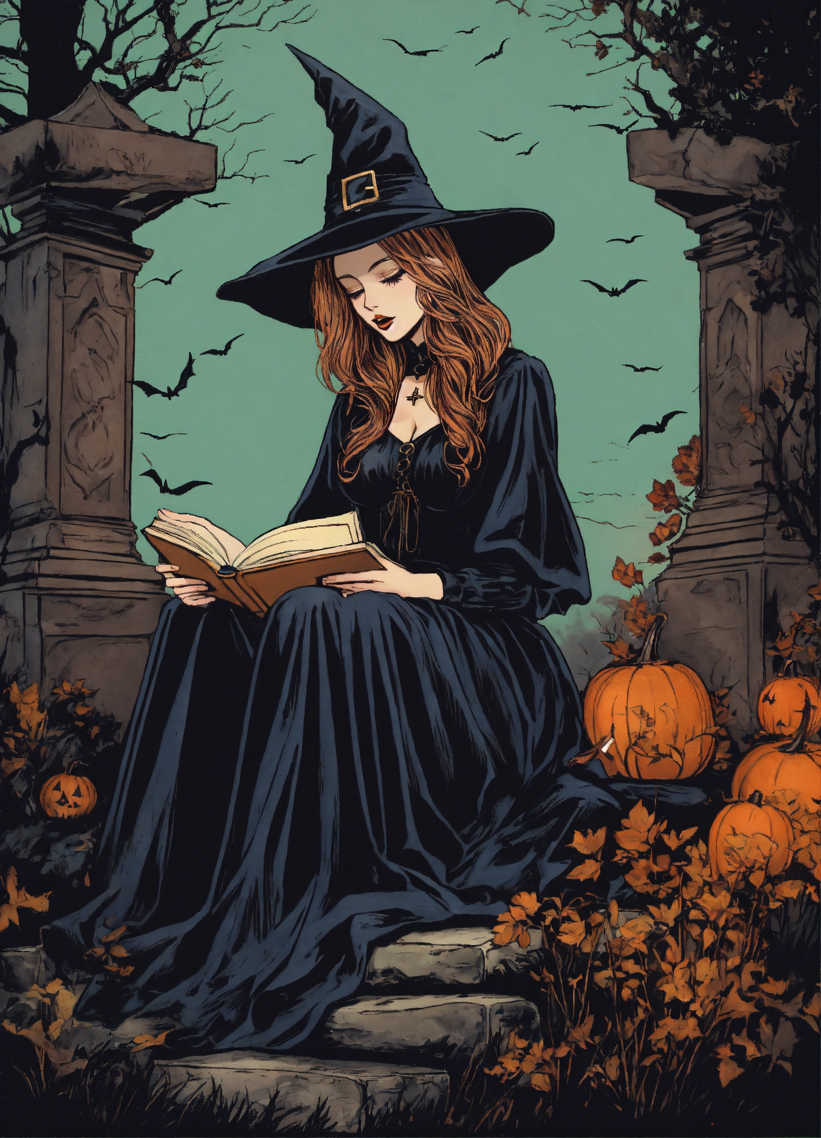 Lexica - Witch sitting on a grave reading a book, Vintage Gothic Dark ...
