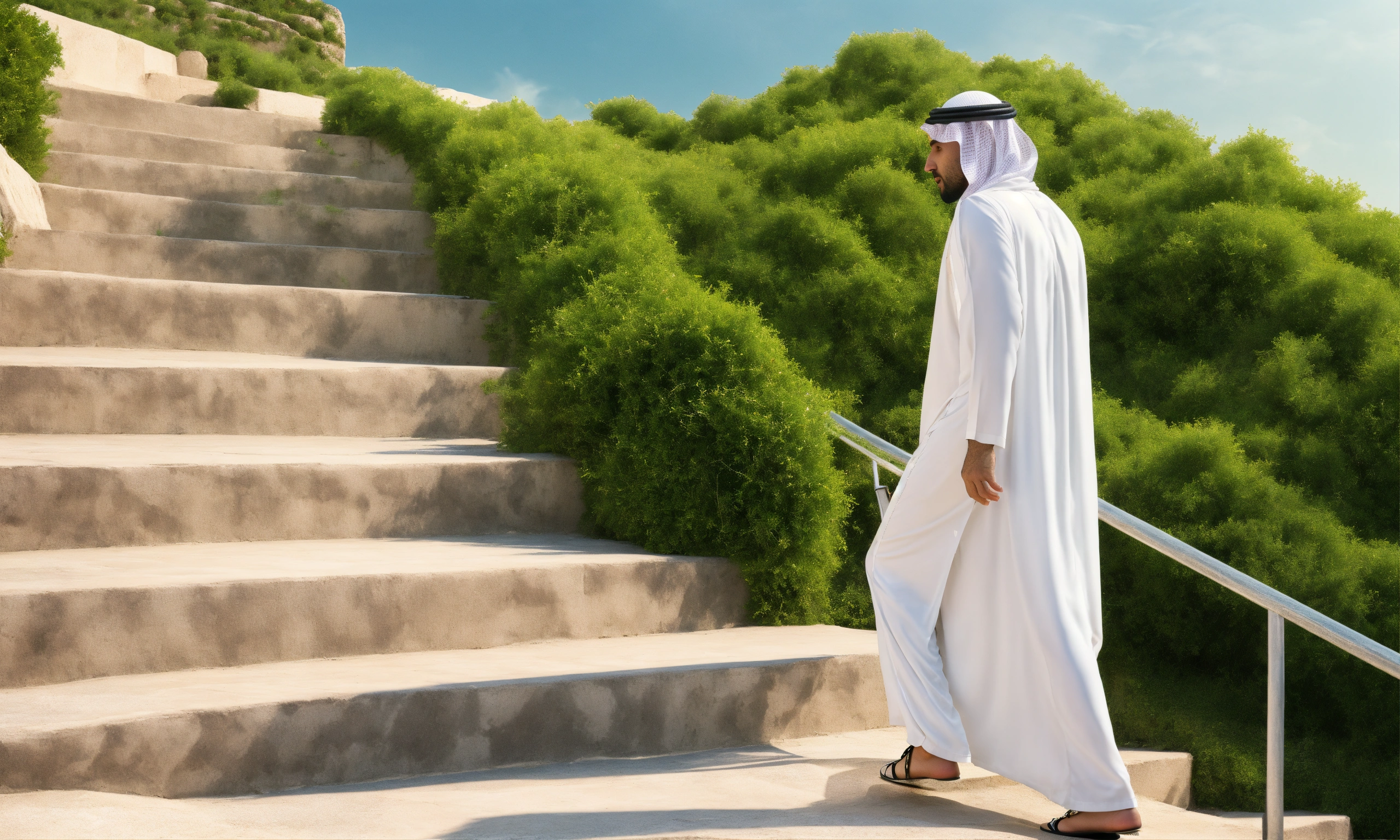 Lexica - Saudi man climbing up six steps only, white costume, photo ...