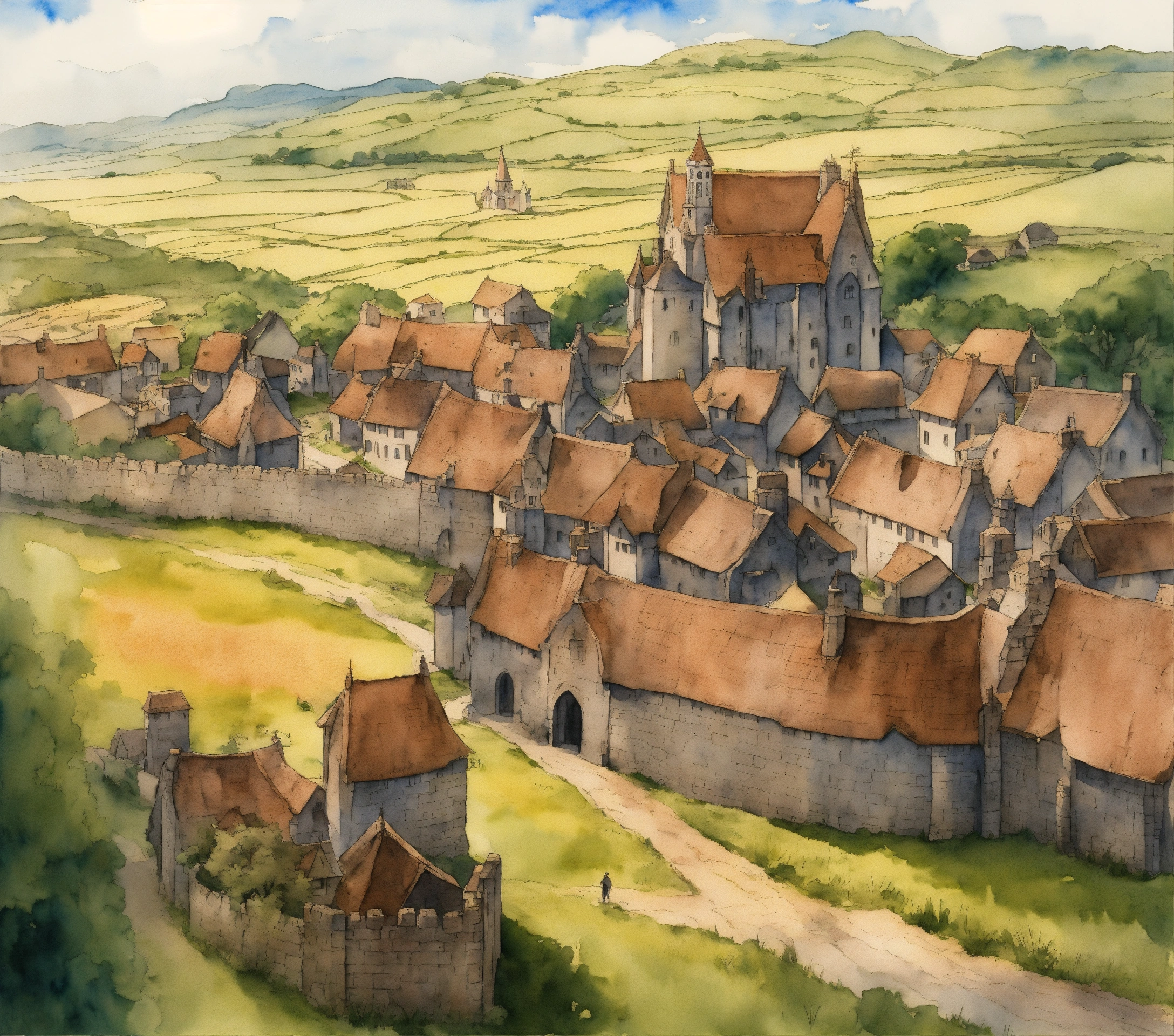 Lexica - The walled town of Bree from LOTR in vagabond manga drawing ...