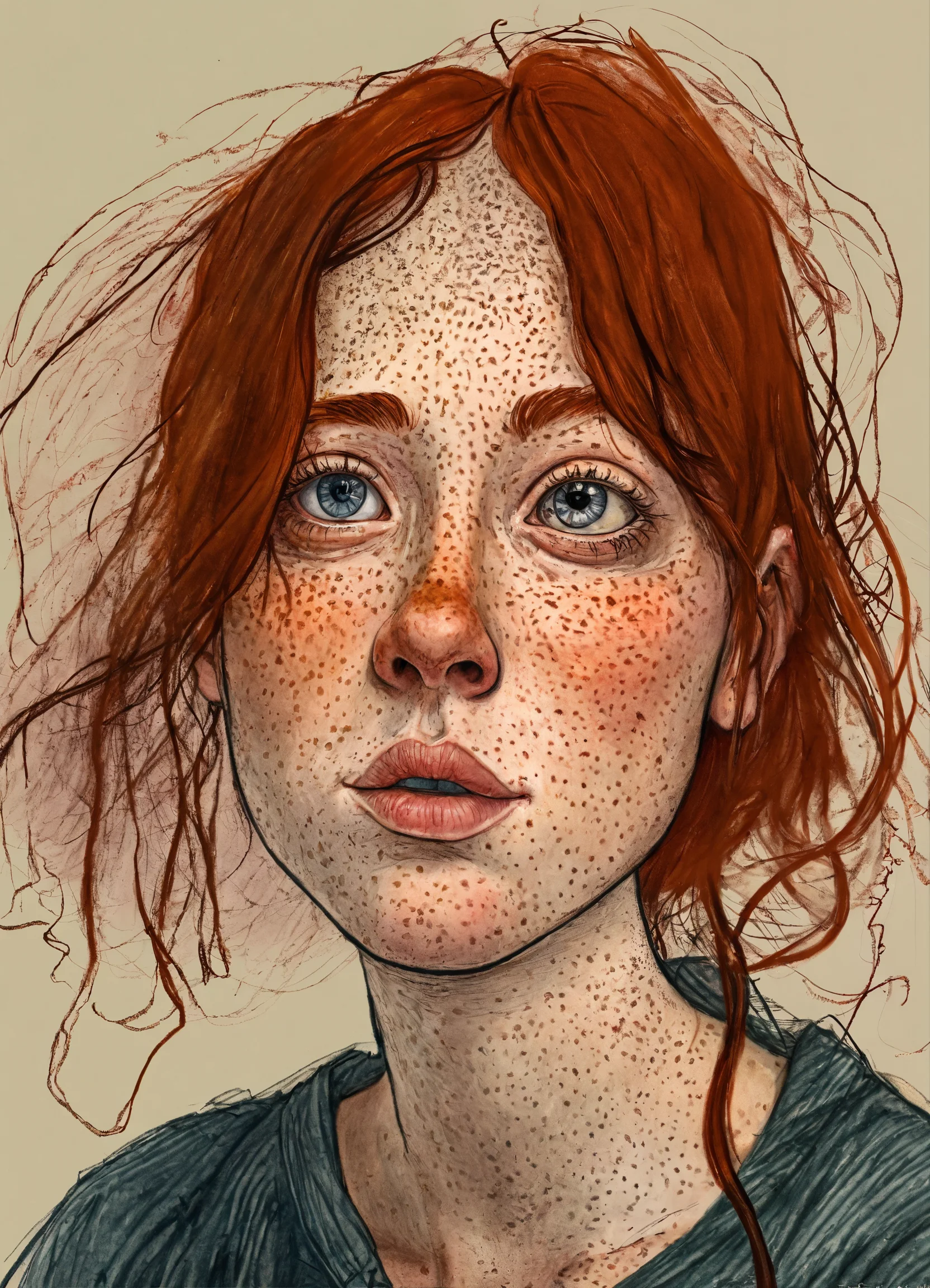 Lexica - Self portrait, drawing, cartoony, weird, freckles