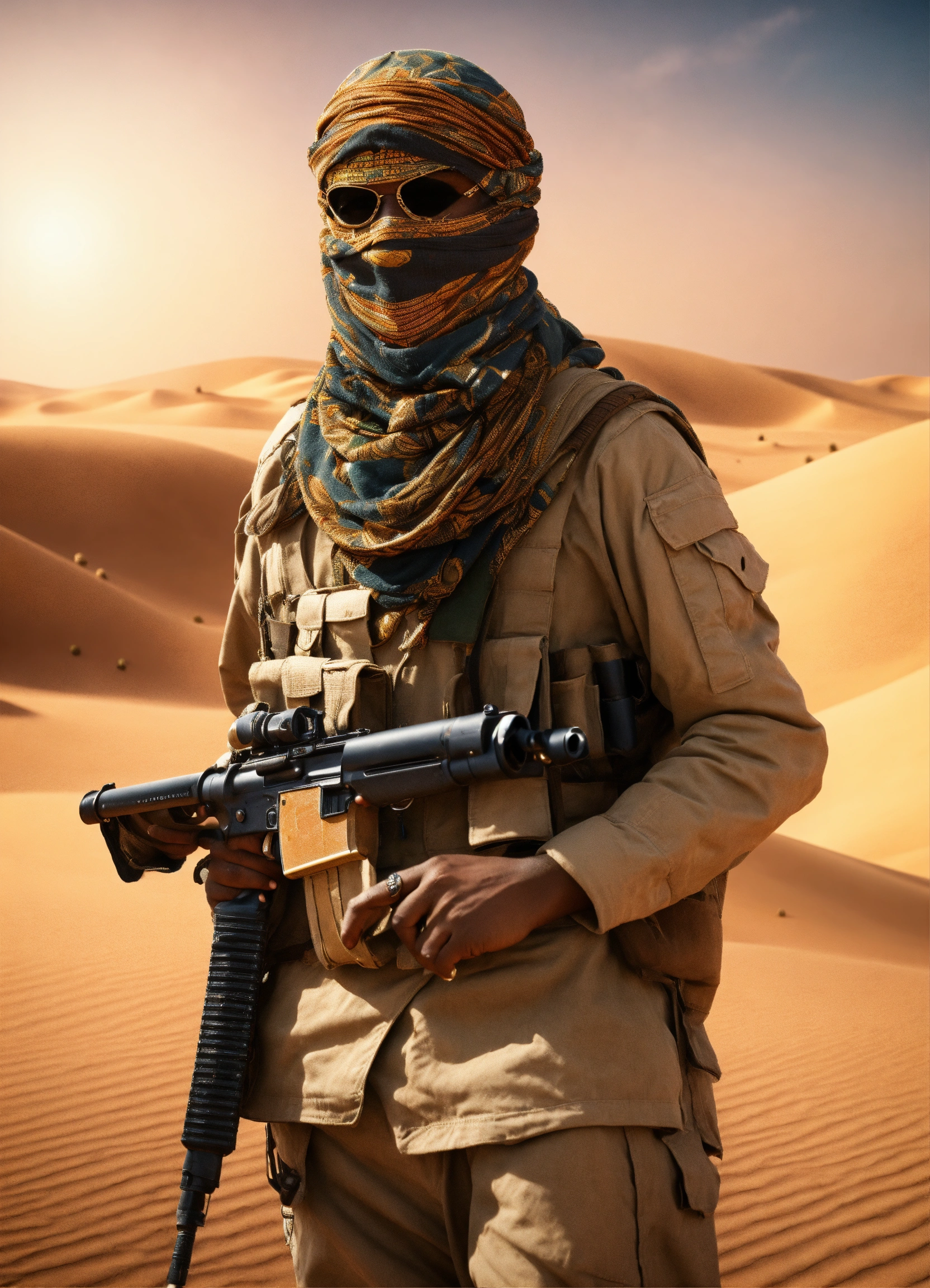 Lexica - Desert, terrorist, masked african, war background, scarfaced ...
