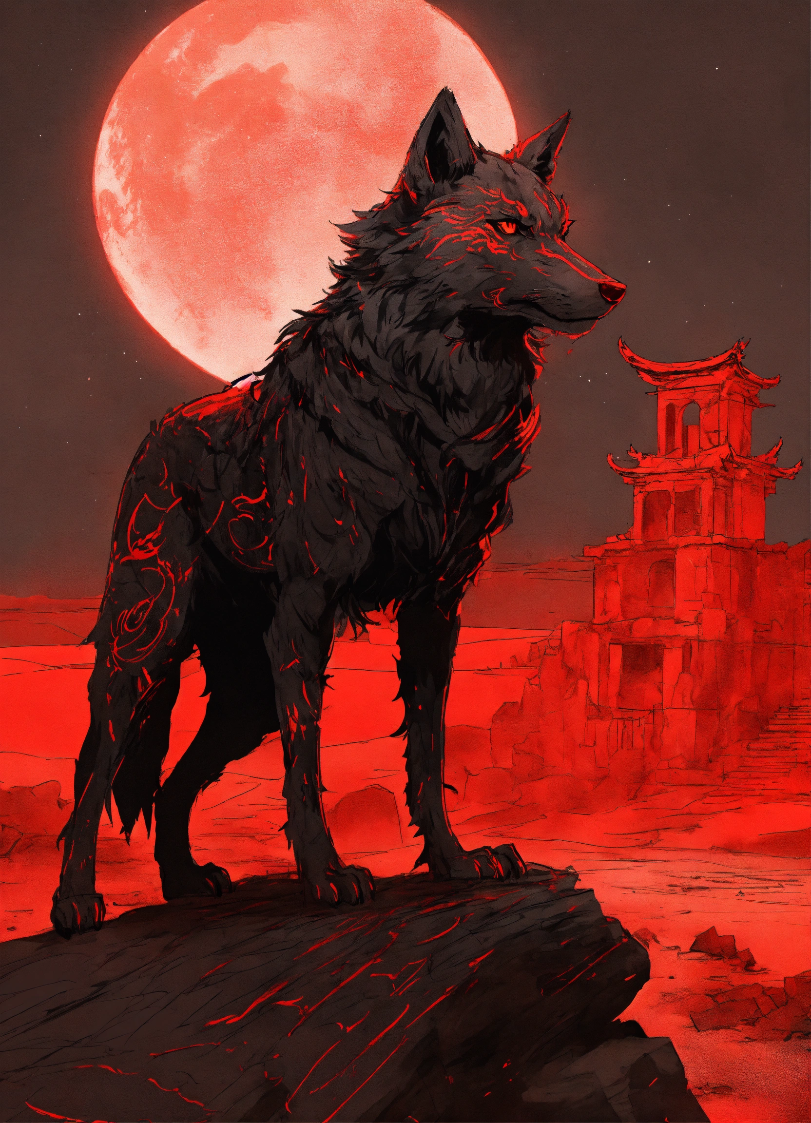 Lexica - Shuǐmò huà, 水墨画, black and red ink, a fantasy wolf made from ...
