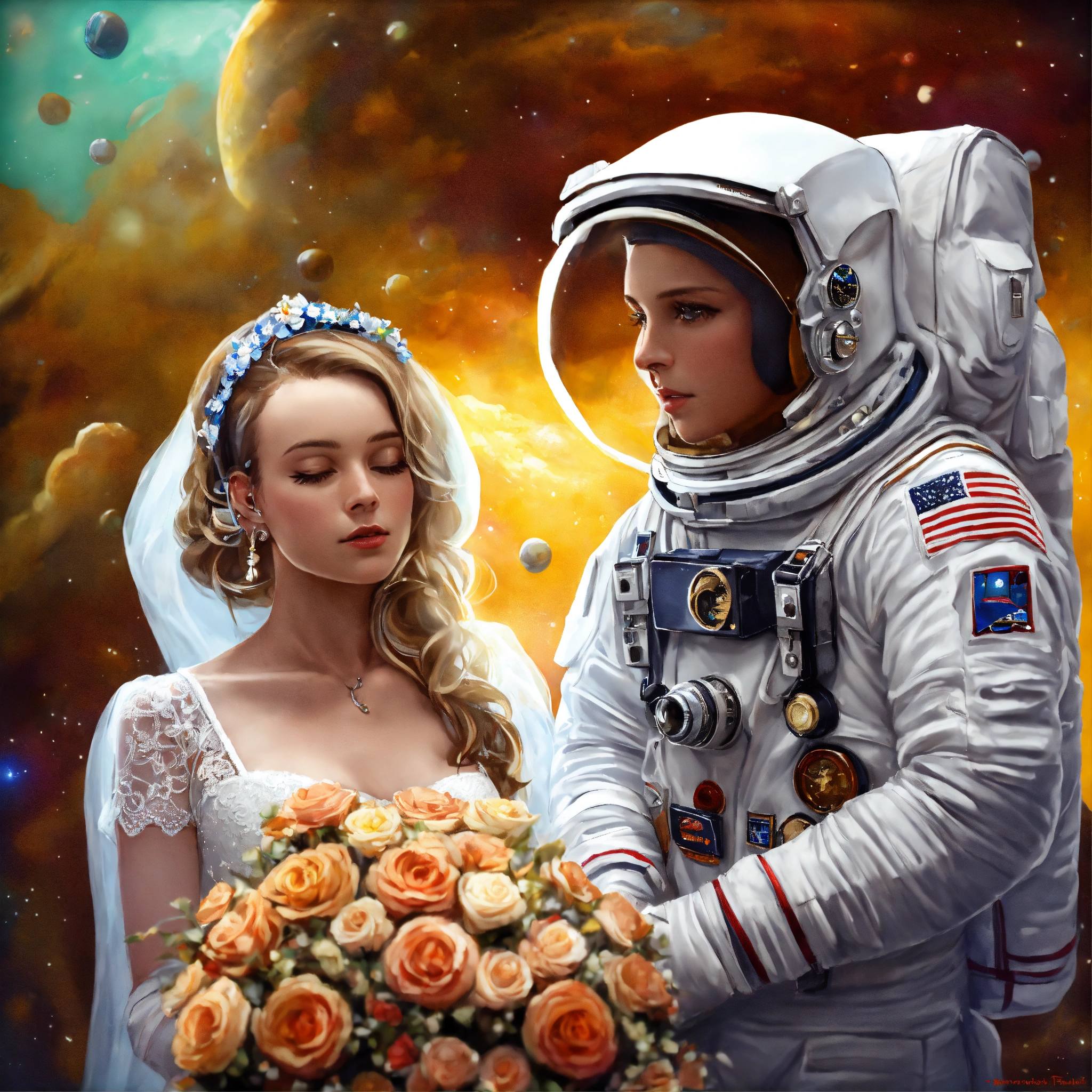 Lexica - Astronaut, realistic, the bride with astronaut helmet and groom
