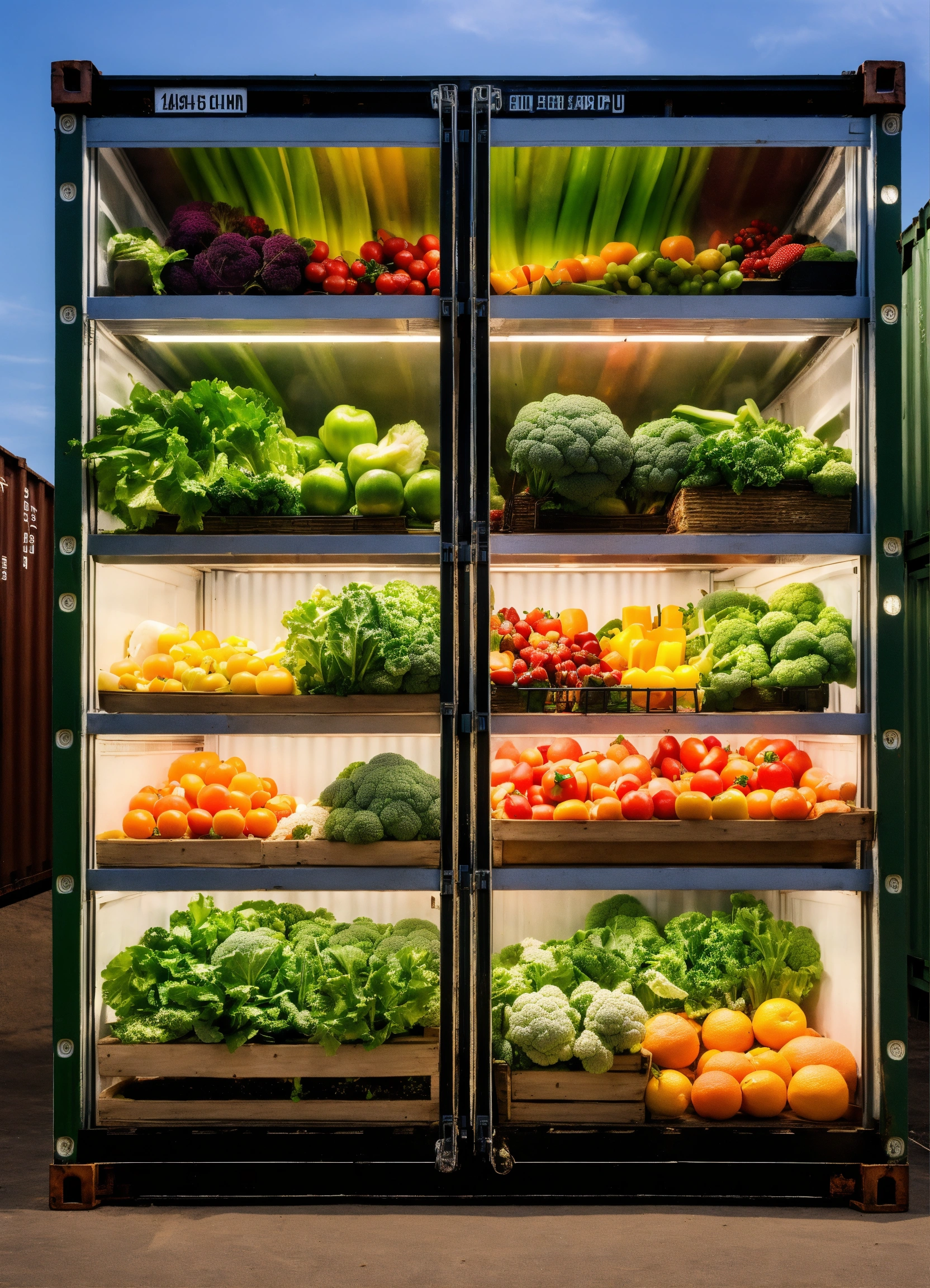 Lexica - A see through shipping container with fruits and vegetables growing inside