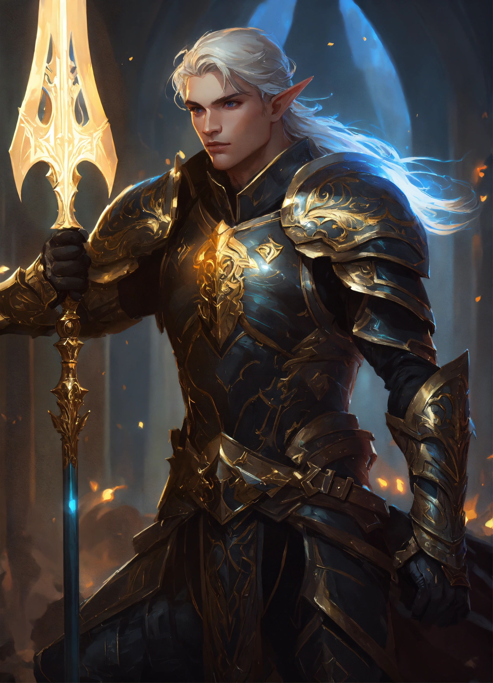 Lexica - Male elf paladin in heavy magical black armor holding a ...