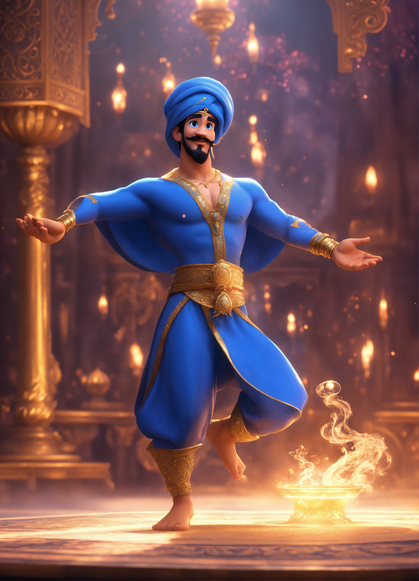 Lexica - Create a 3D rendering of a magical blue Arabian male genie ...