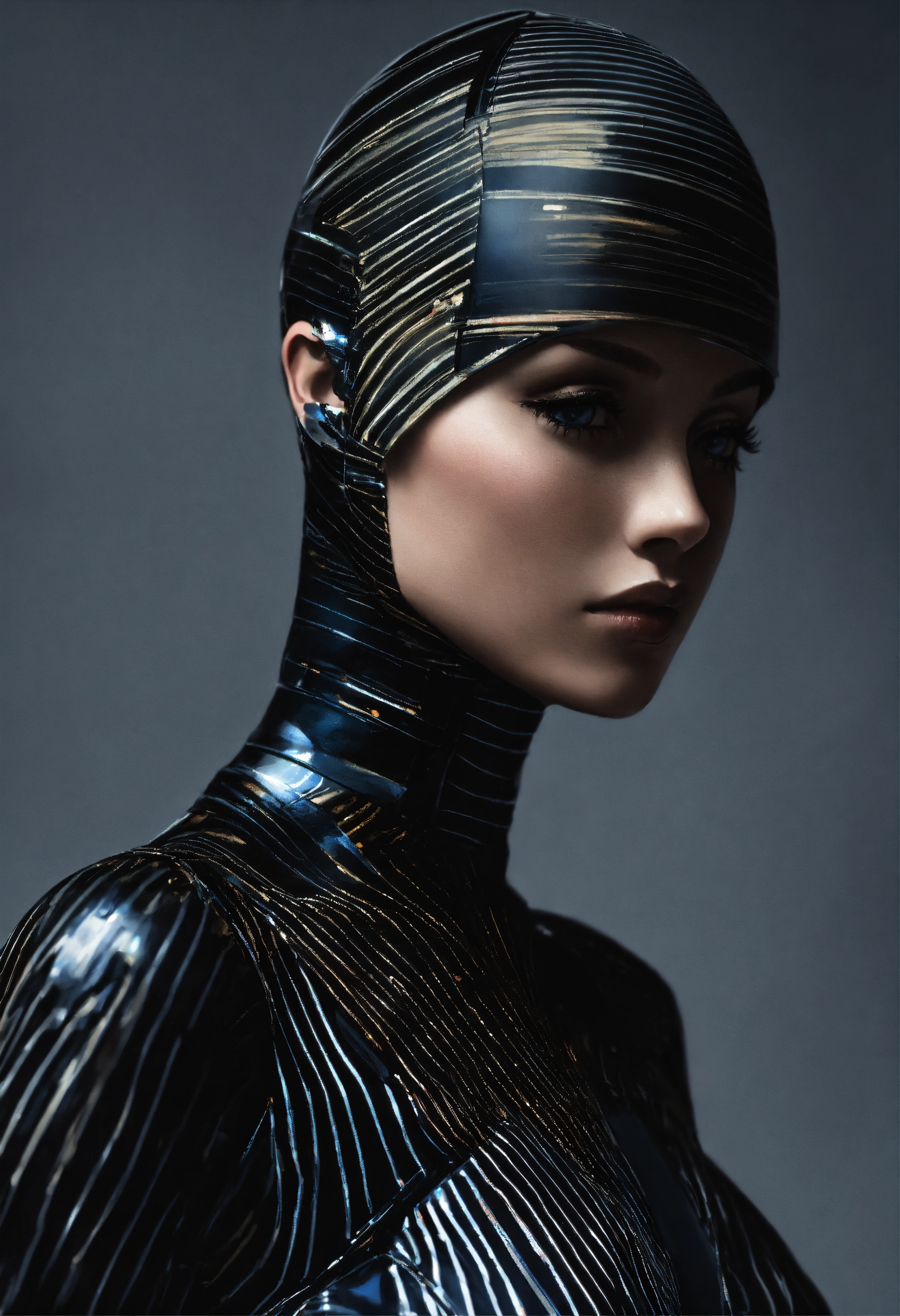 Lexica - Upper body, side view, futuristic woman in black striped body ...