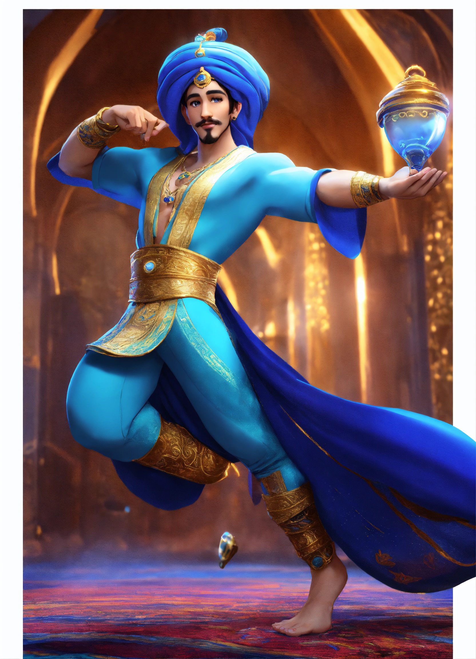 Lexica - Create a 3D rendering of a magical blue Arabian male genie ...