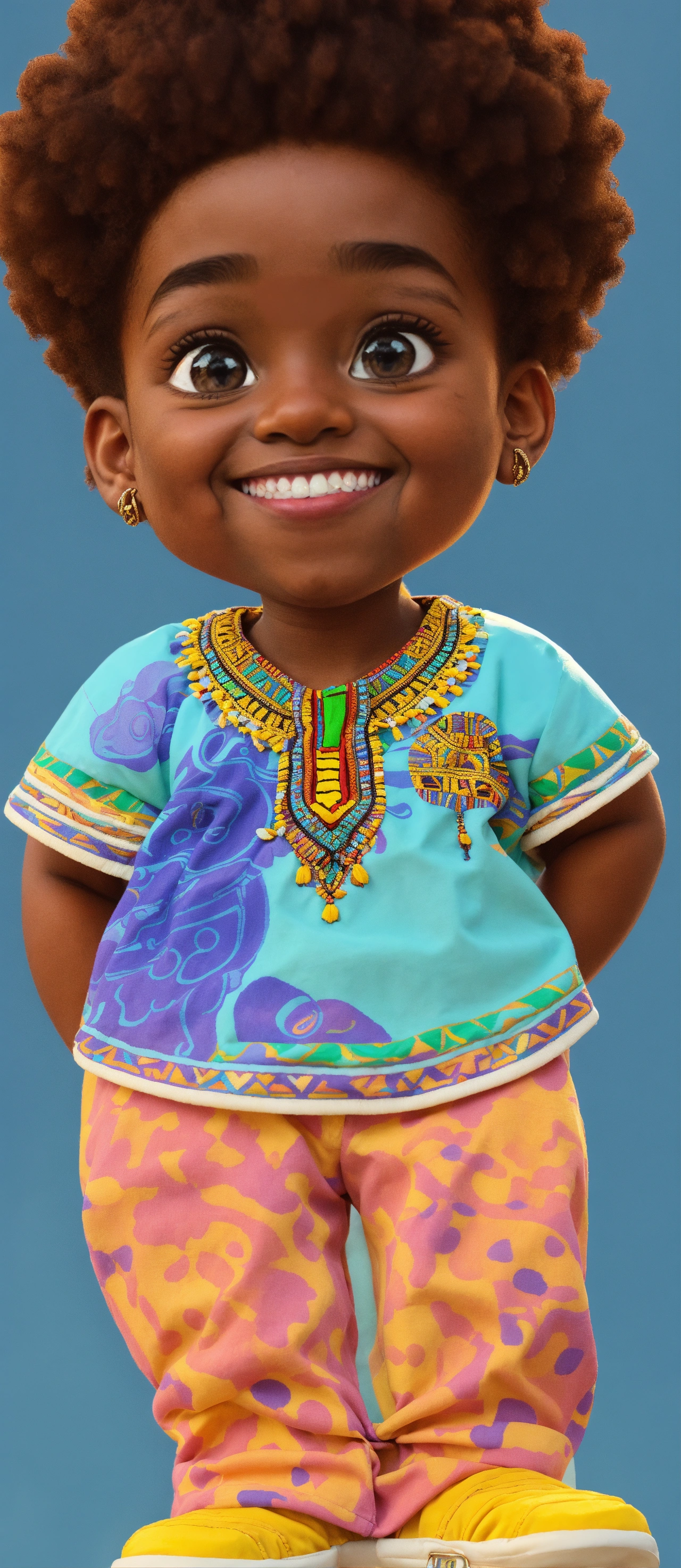 Lexica - 4K cartoon, wearing vivid dashiki, smiling.