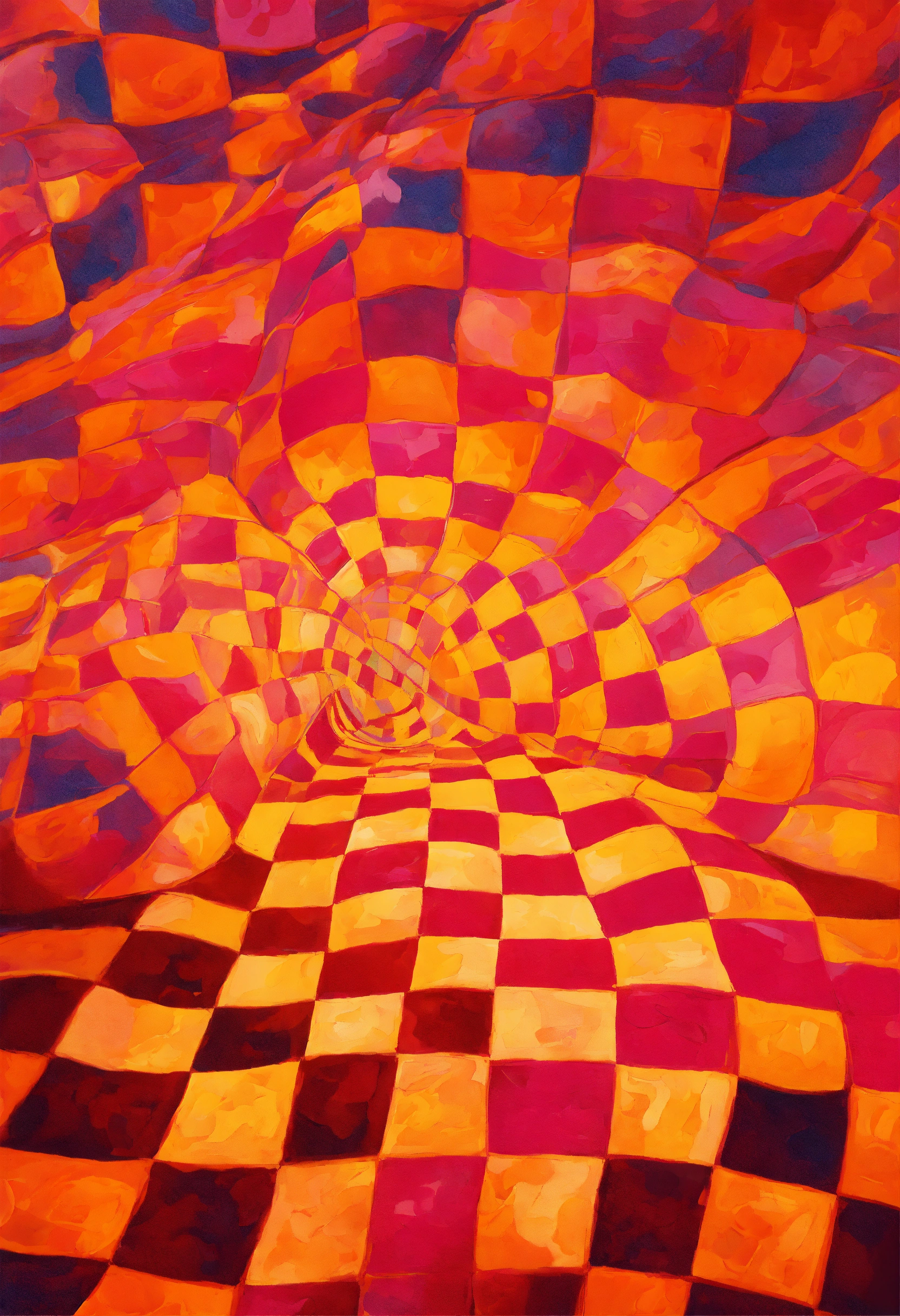 Lexica - Psychedelic, groovy, pink and orange checkered flag pattern, painting in the style of ...