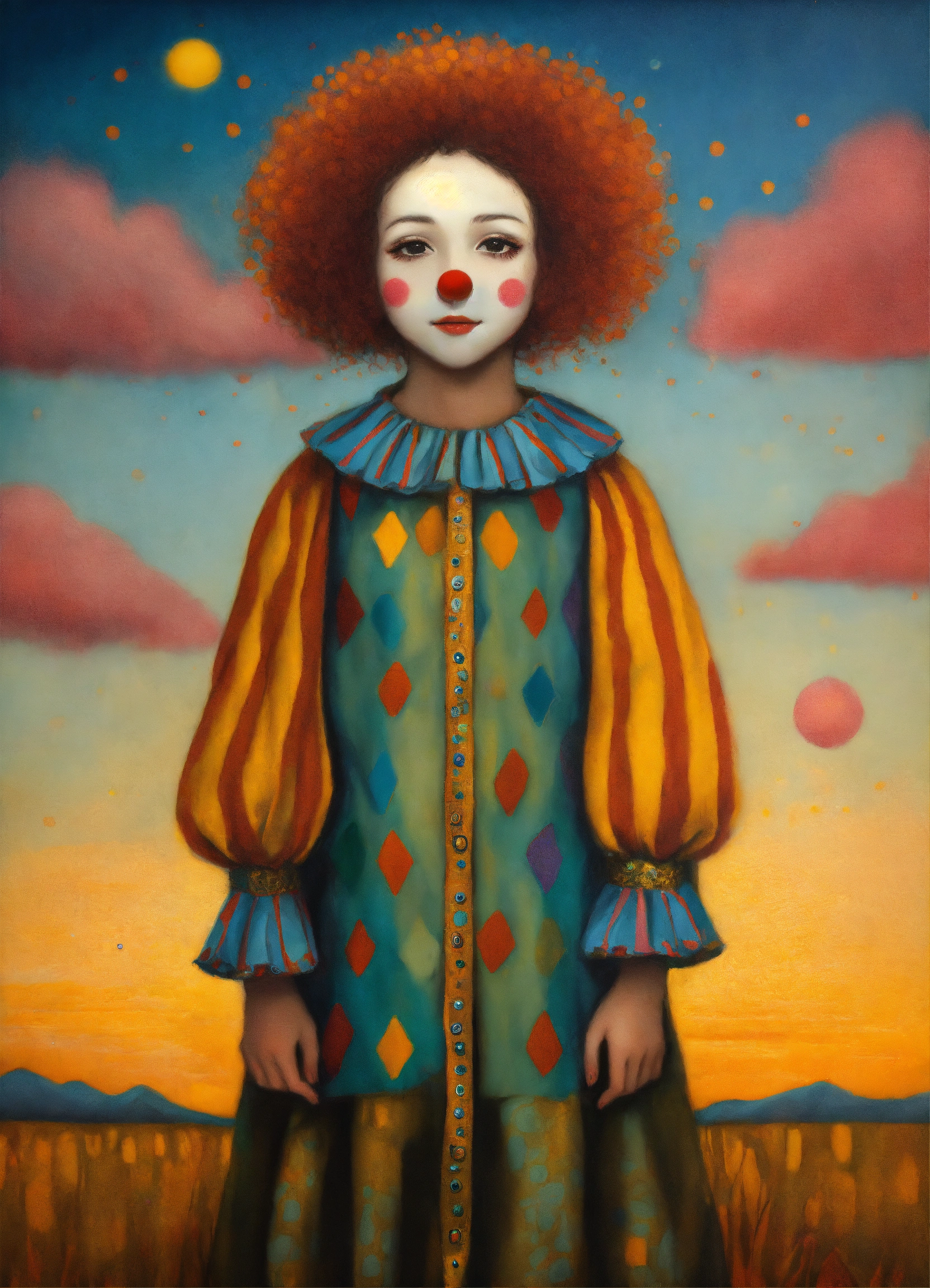 Lexica - Amazing girl age 5 Clown wearing clown costume in the sunset ...