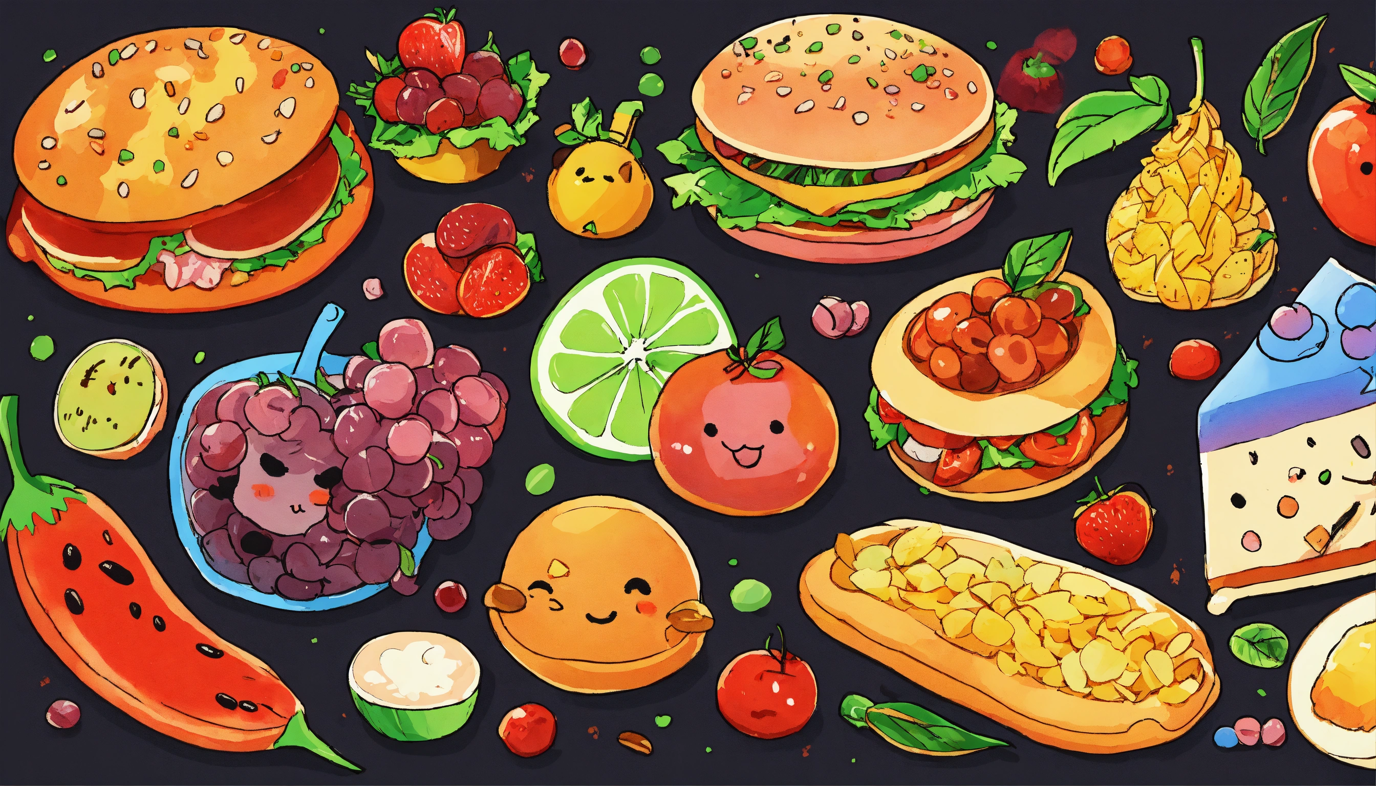 Lexica - Colorful, kawaii chibi food items on pale black paper, very ...