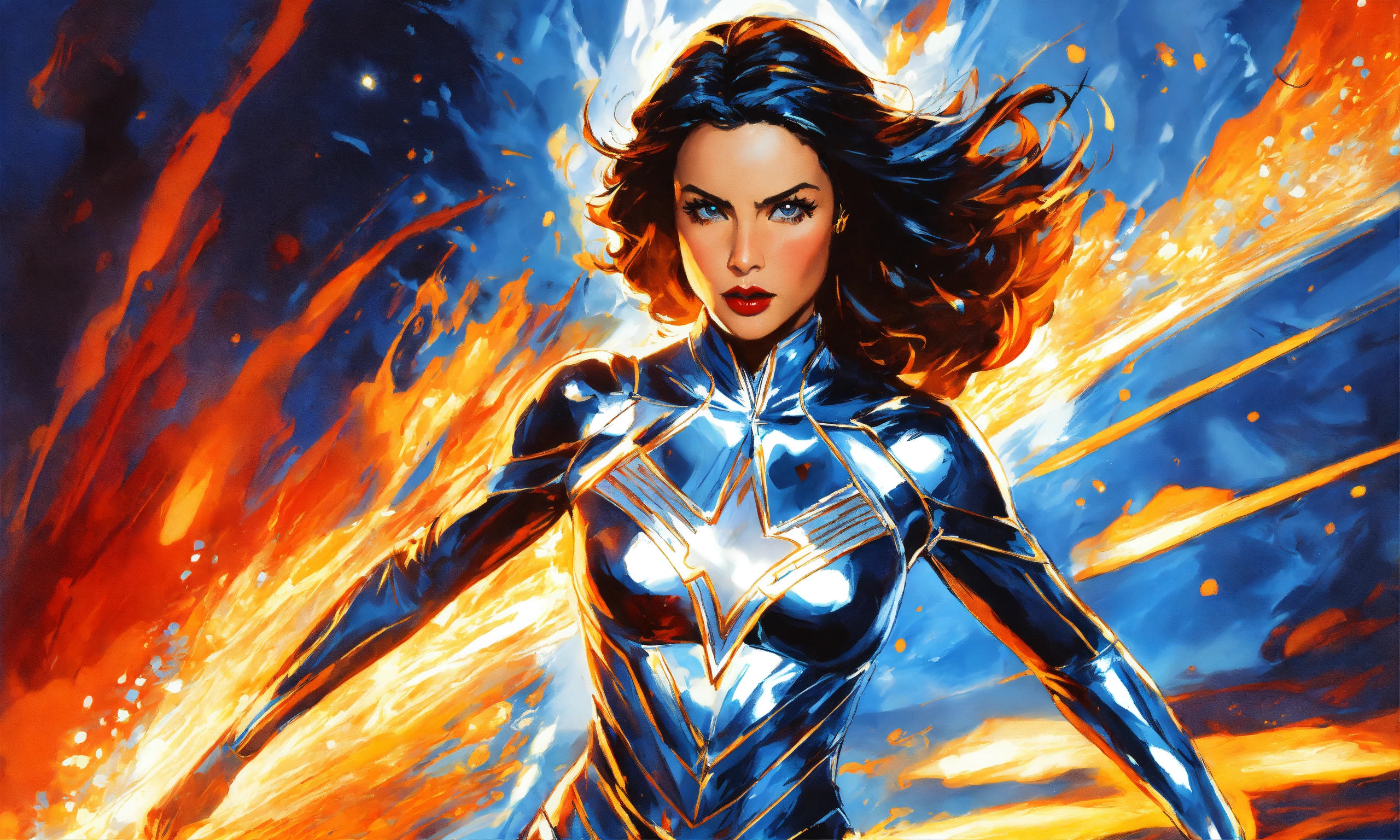 Lexica - Beautiful caped brunette female superhero, action pose, fiery ...