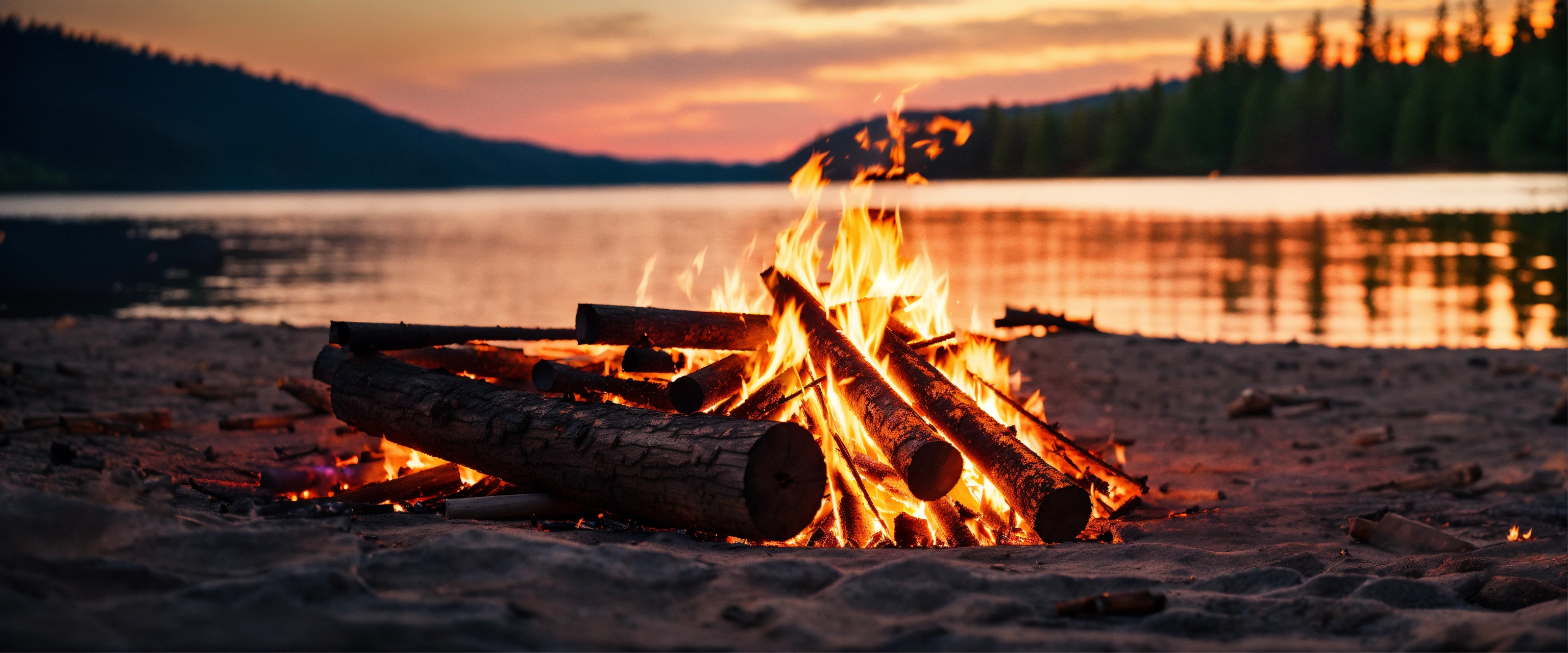 Lexica - Close-up on Glowing campfire by the lake. Sunset with open ...