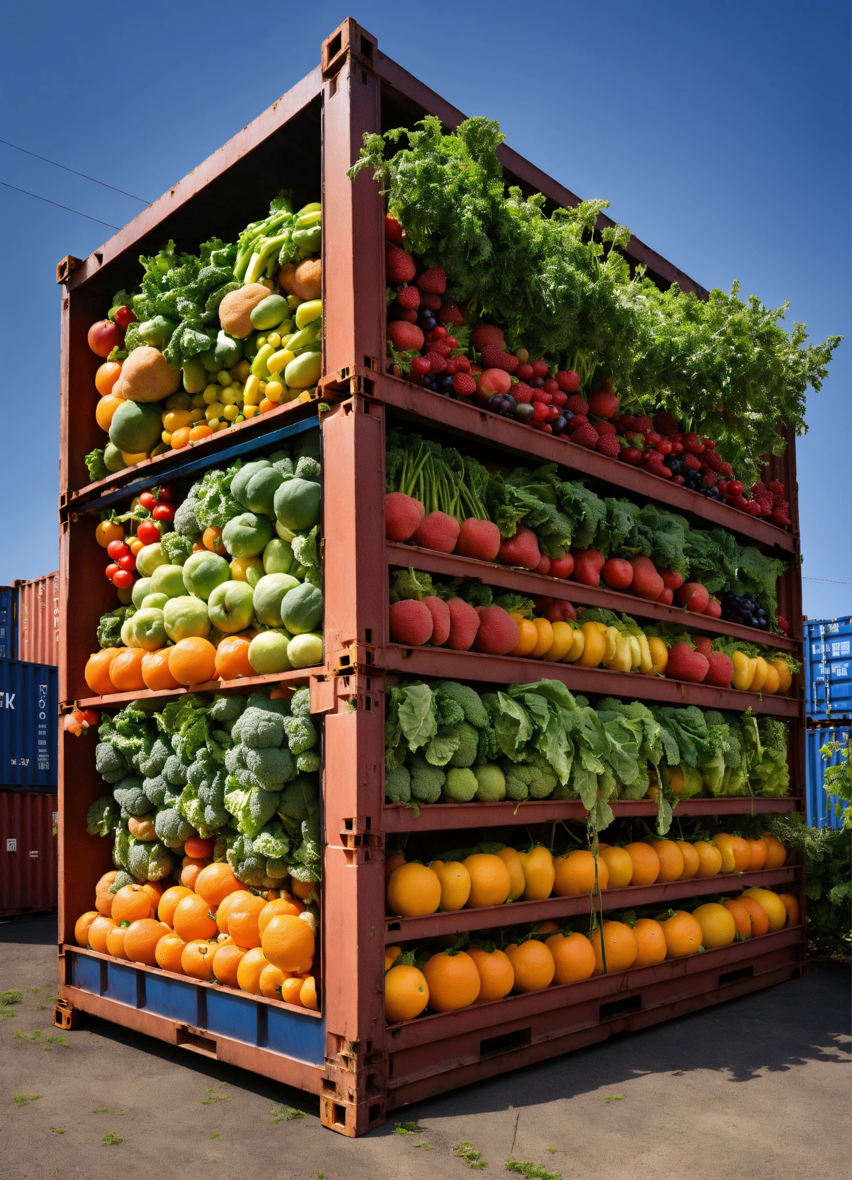 Lexica - A shipping container with fruits and vegetables growing out of the top