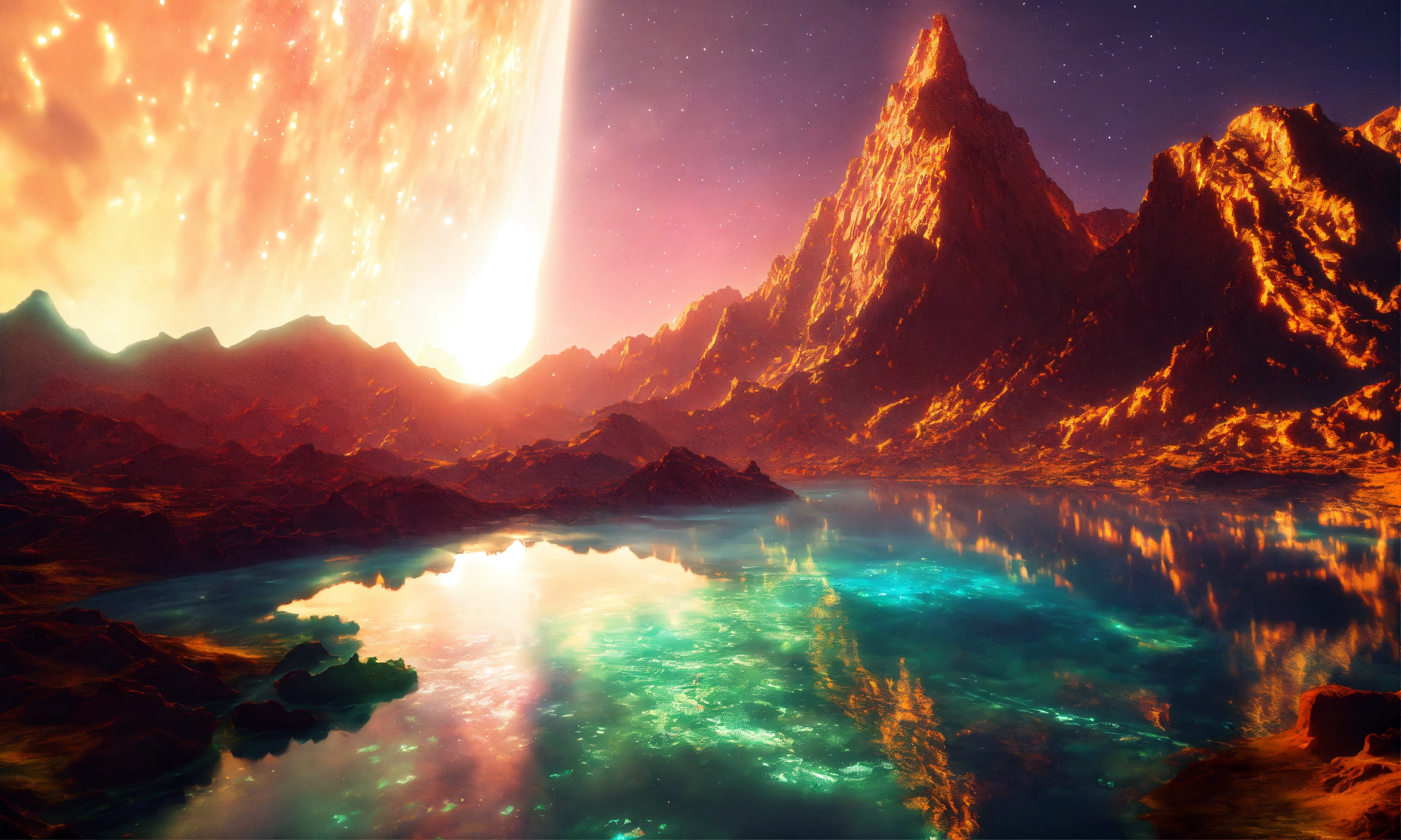 Lexica - Two ethereal water angel, mountain nebula, sun backgound ...