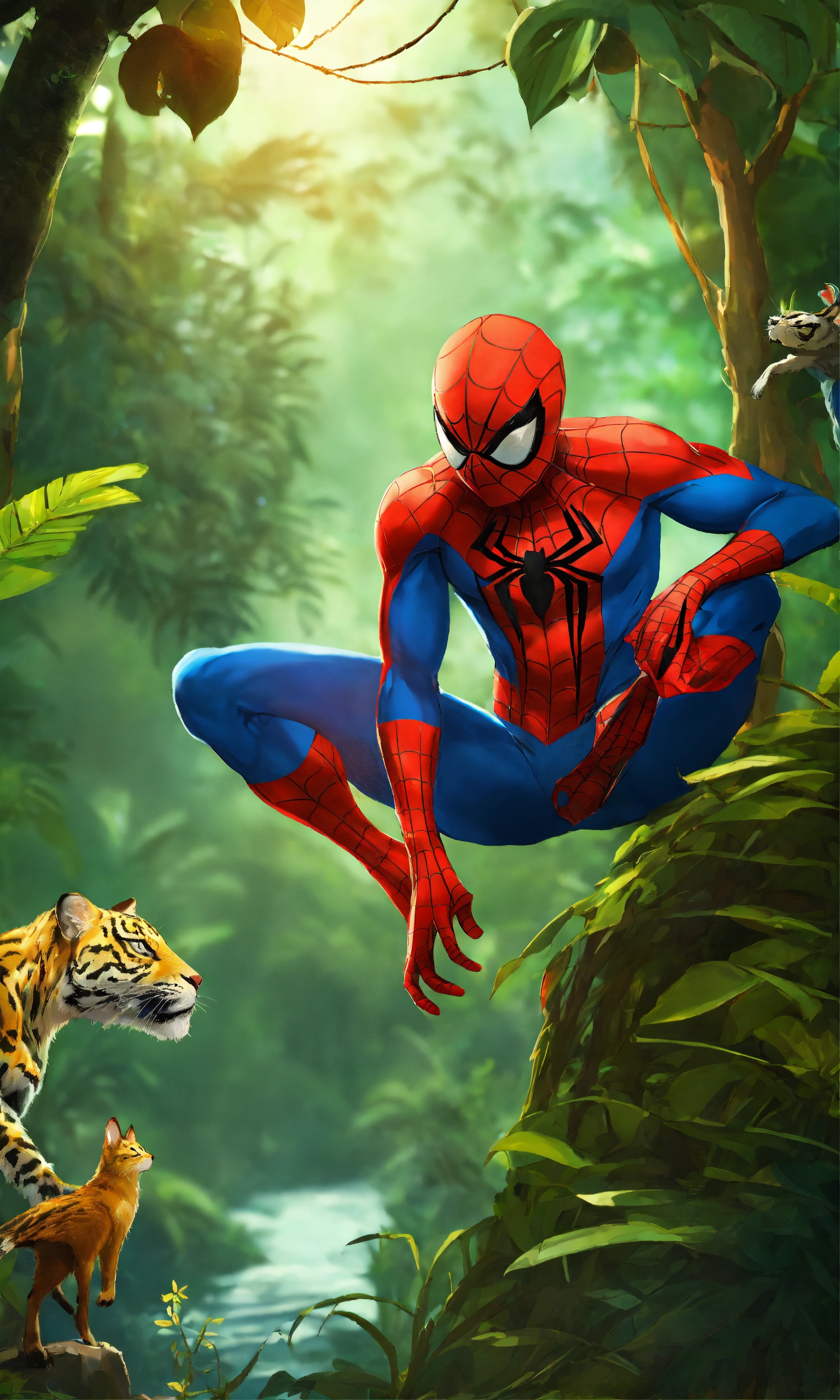 Lexica - Spiderman in Jungle with animals, 2D render, full-body view ...