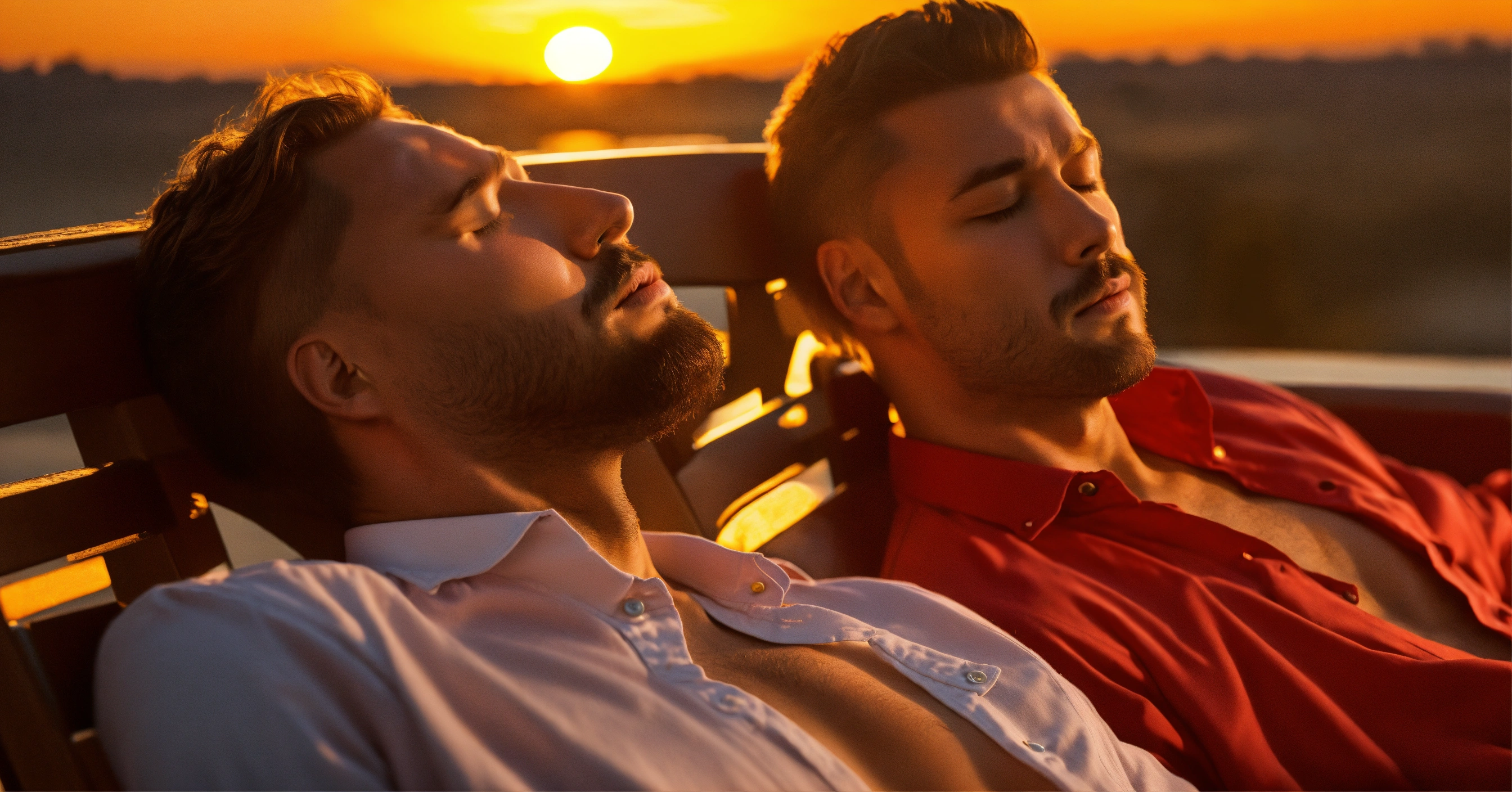 Lexica - Two handsome men relaxing in a chair, shirts wide unbuttoned ...