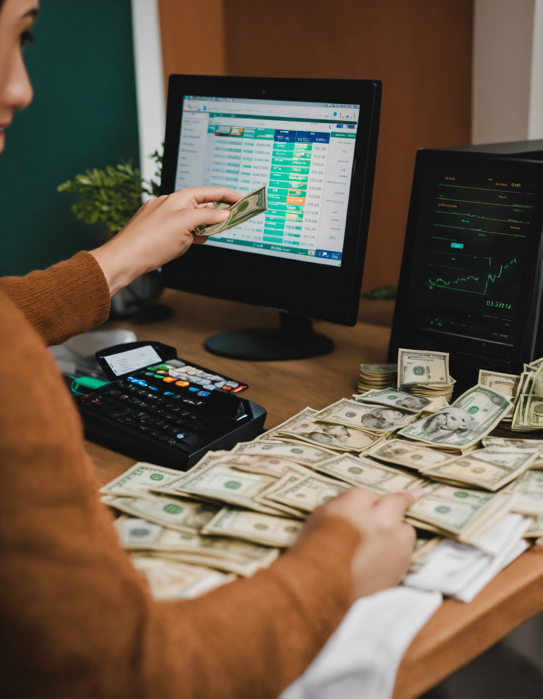 Lexica - A person with computer counting money and happy and with ...