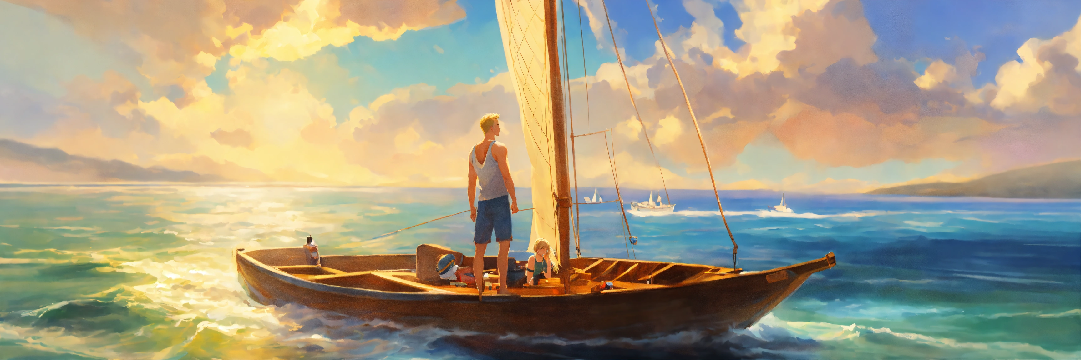 Lexica - Concept art of a blonde young woman on a boat meeting with a ...