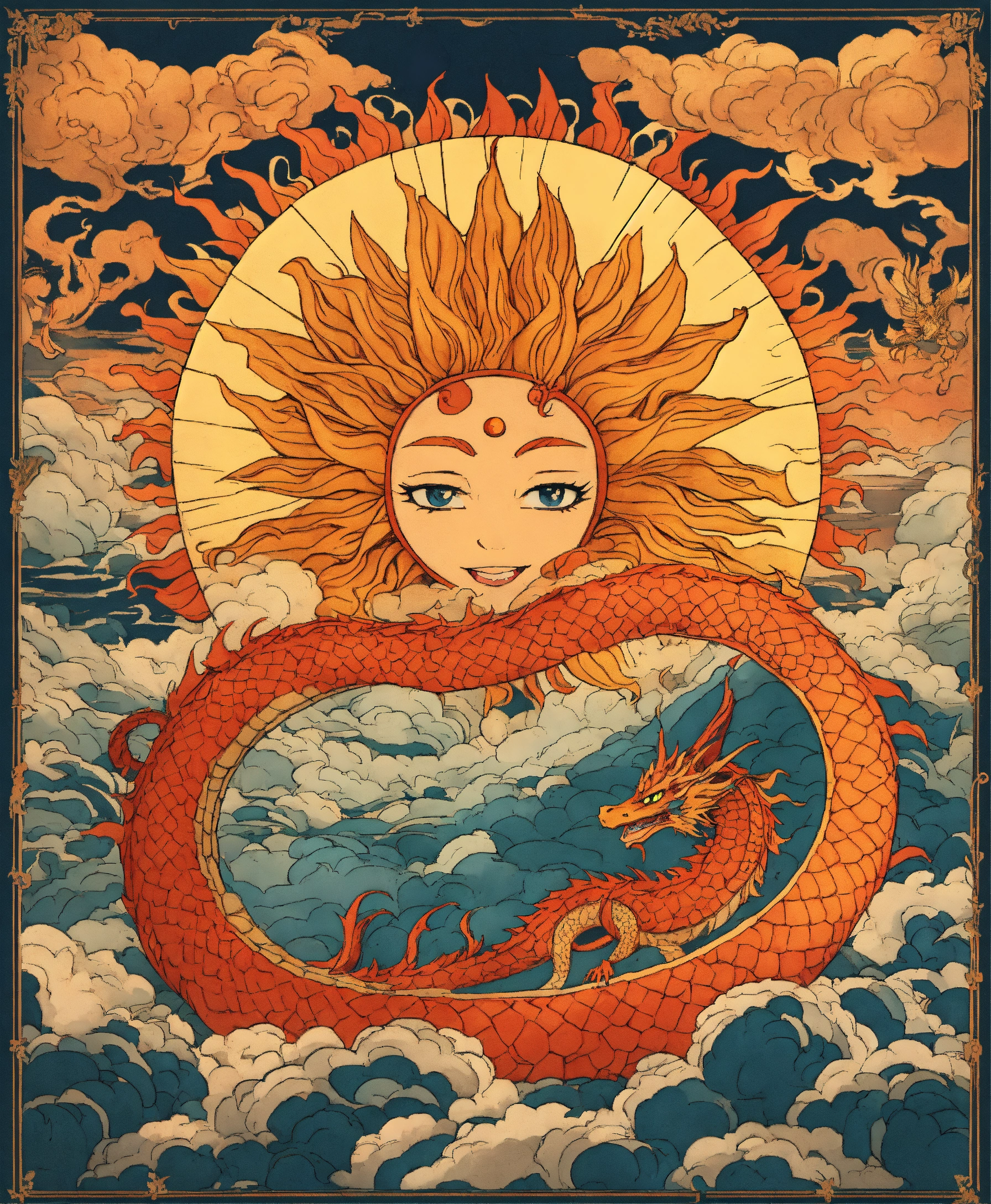 Lexica - Vintage Anime cartoon sun with dragon surrounding it.