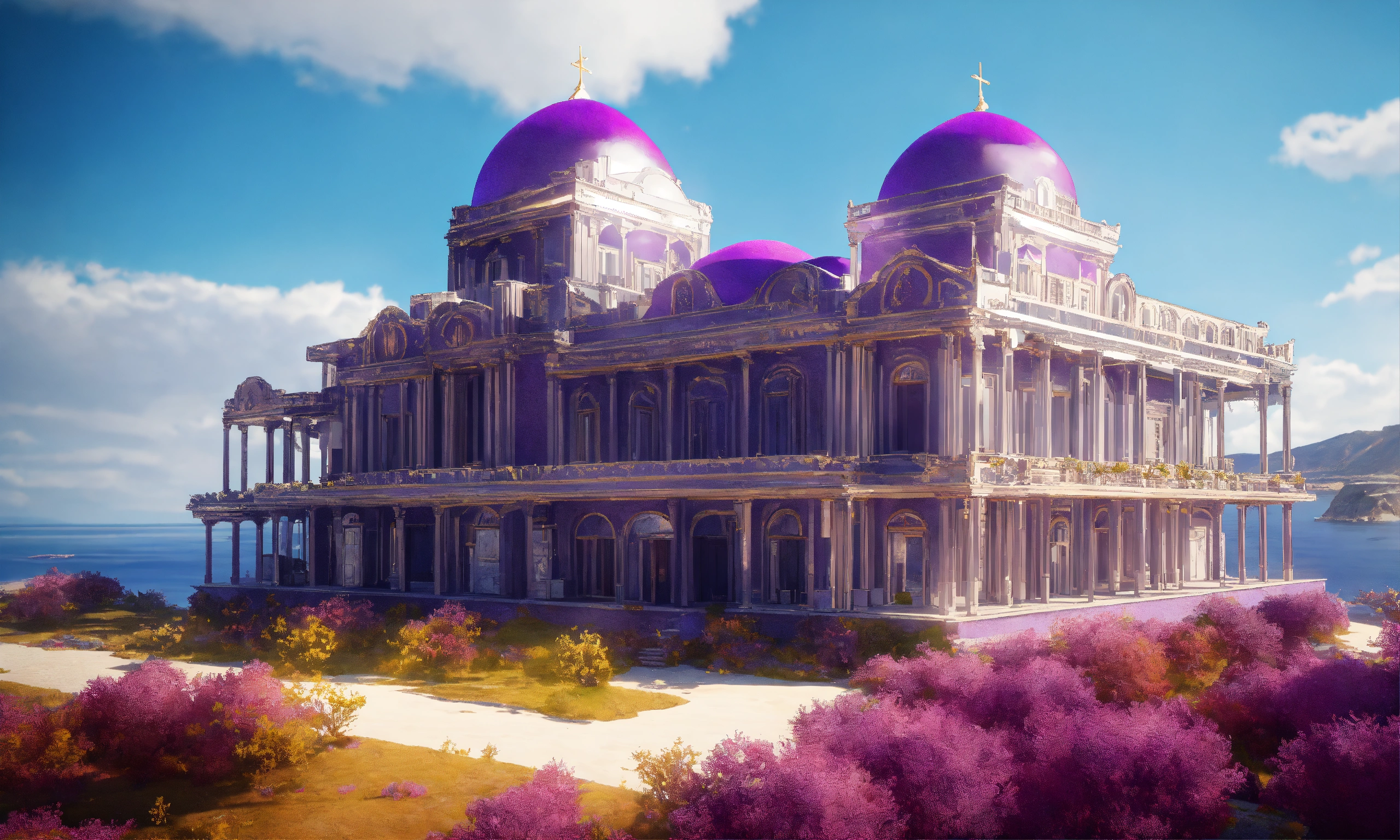 Lexica - Full image of a massive silver palace with a purple roof ...