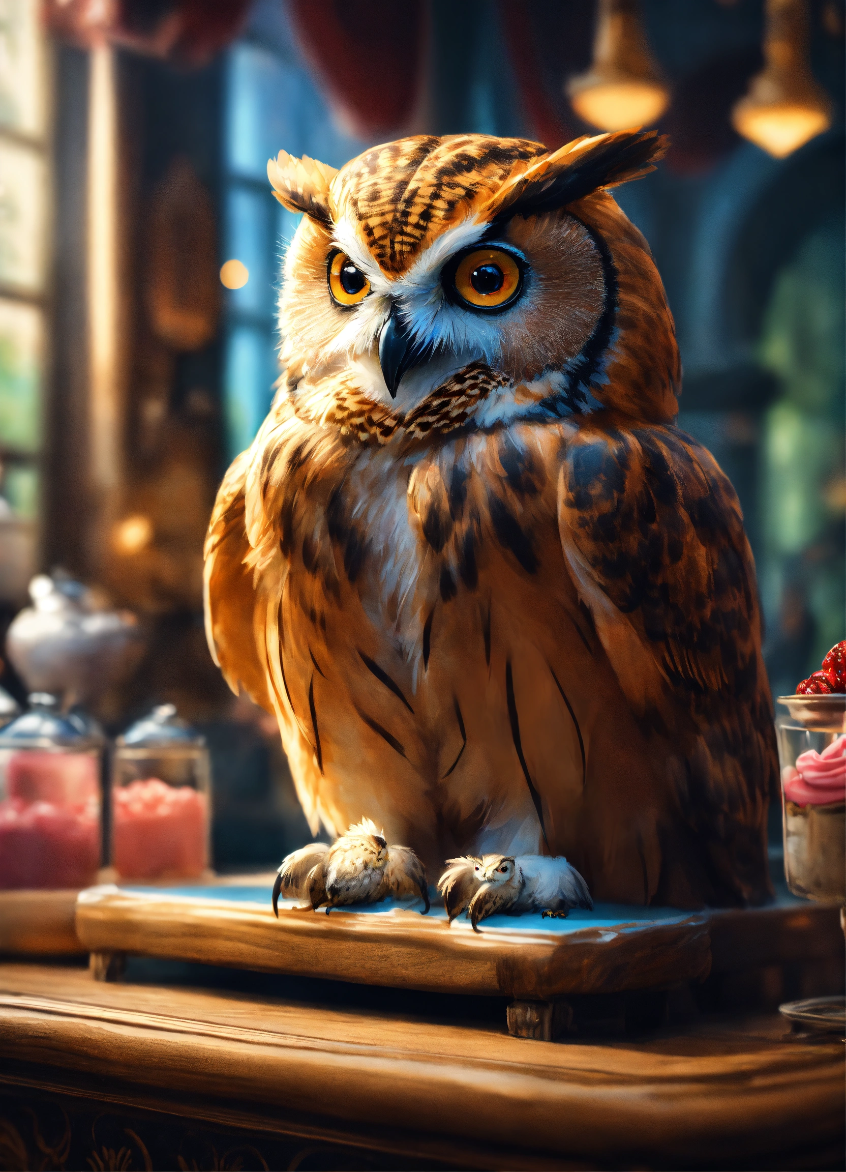 Lexica - Beautiful owl sitting on the counter in a fairy tale cake ...