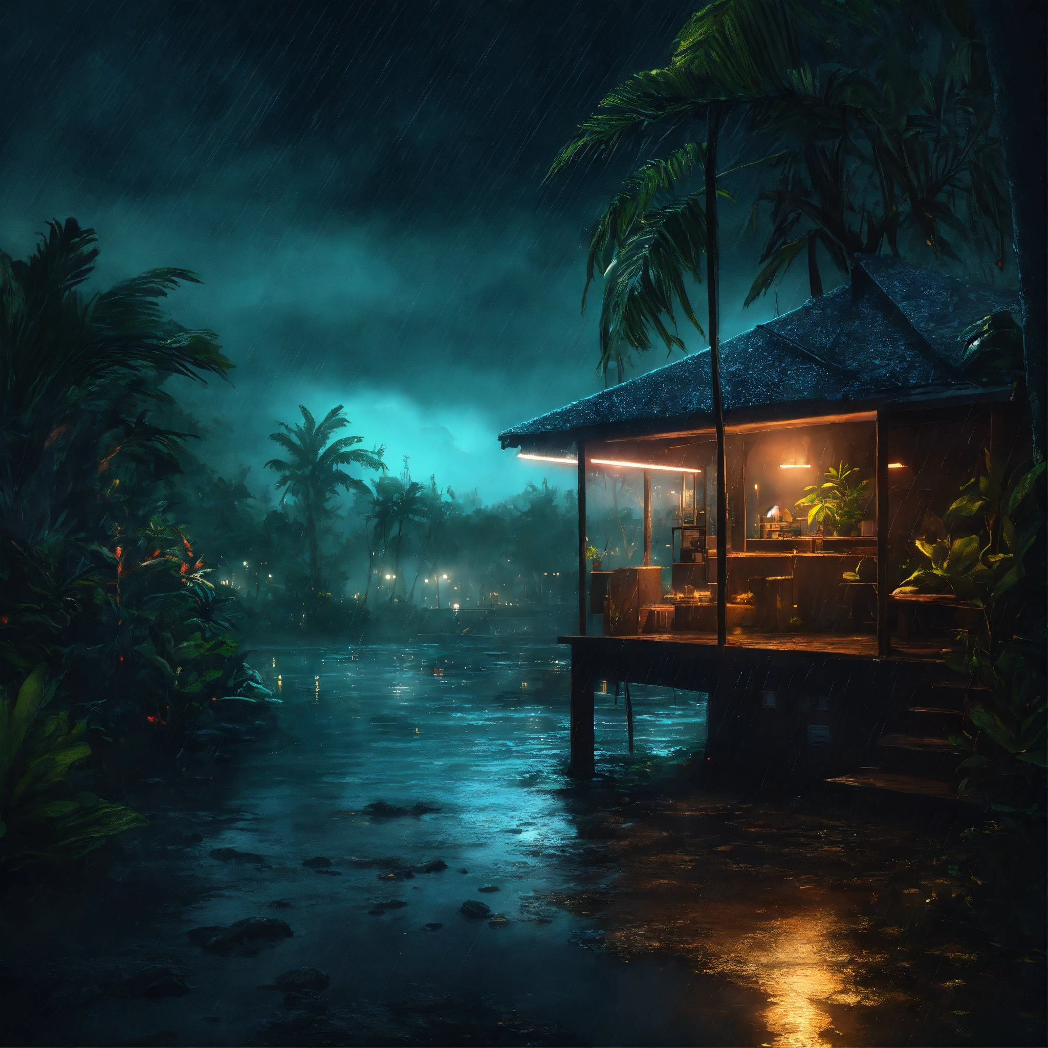 Lexica - Beautiful cozy lagoon view of a technothriller lagoon at night ...