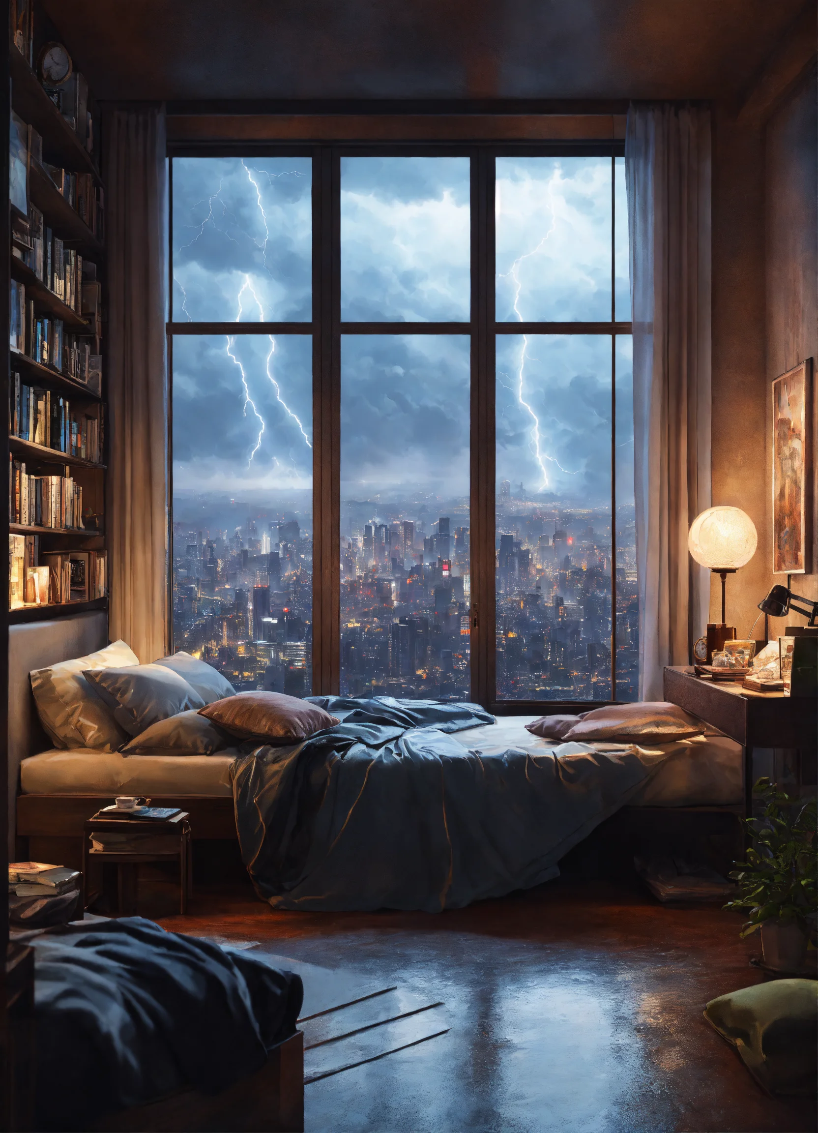 Lexica - Moody aesthetic, beautiful cozy, cramped bedroom with floor to ...