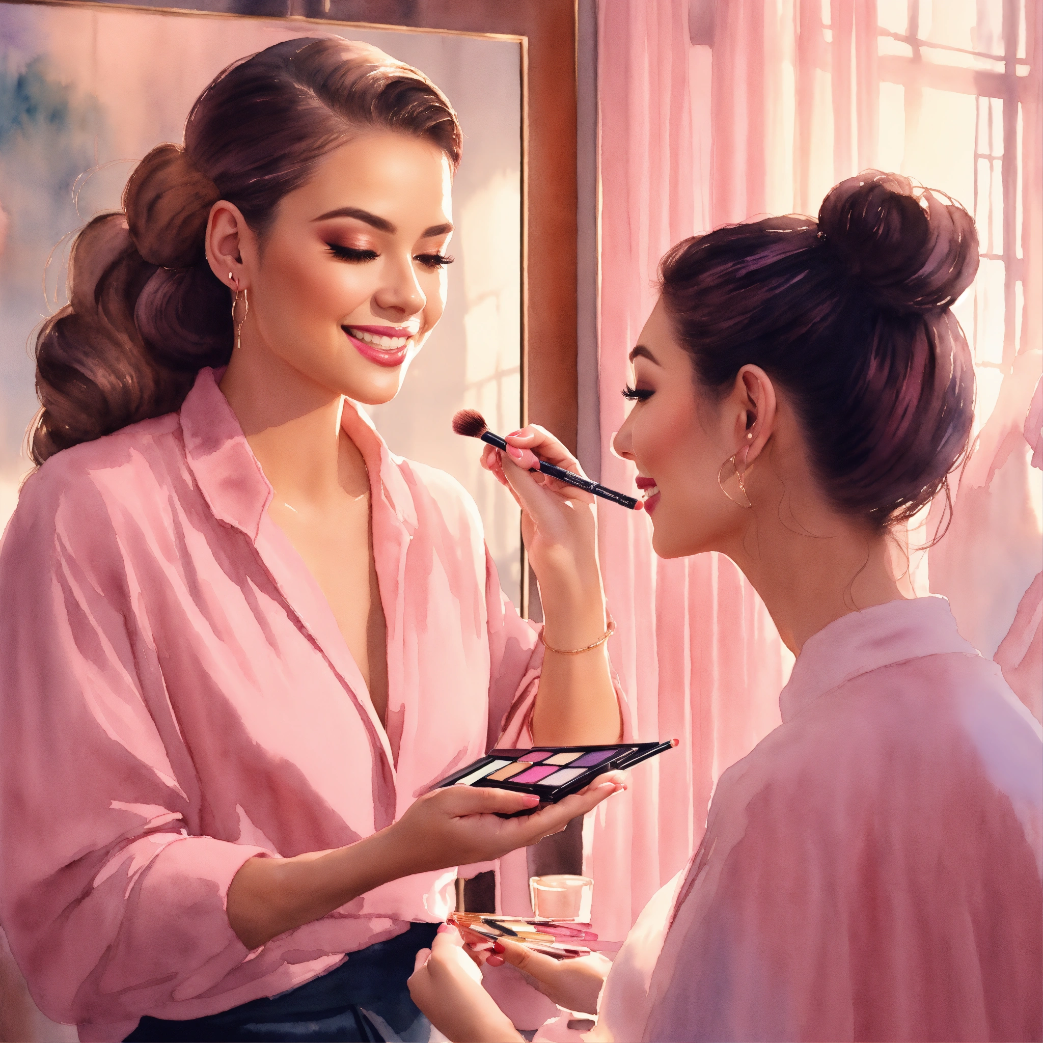 Lexica - A beautiful makeup artist puts on makeup a beautiful client ...