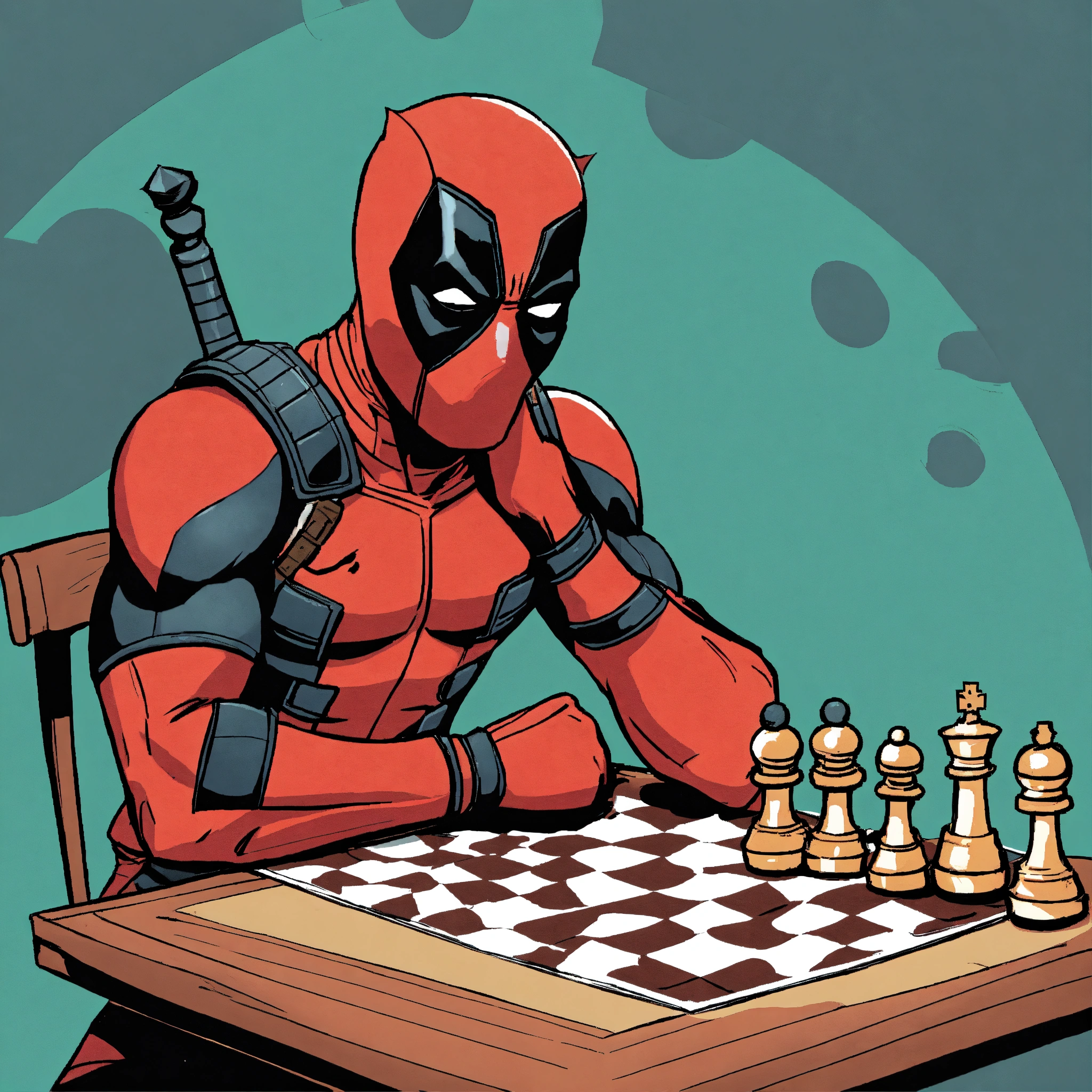 Lexica - Deadpool playing chess, cartoon style.