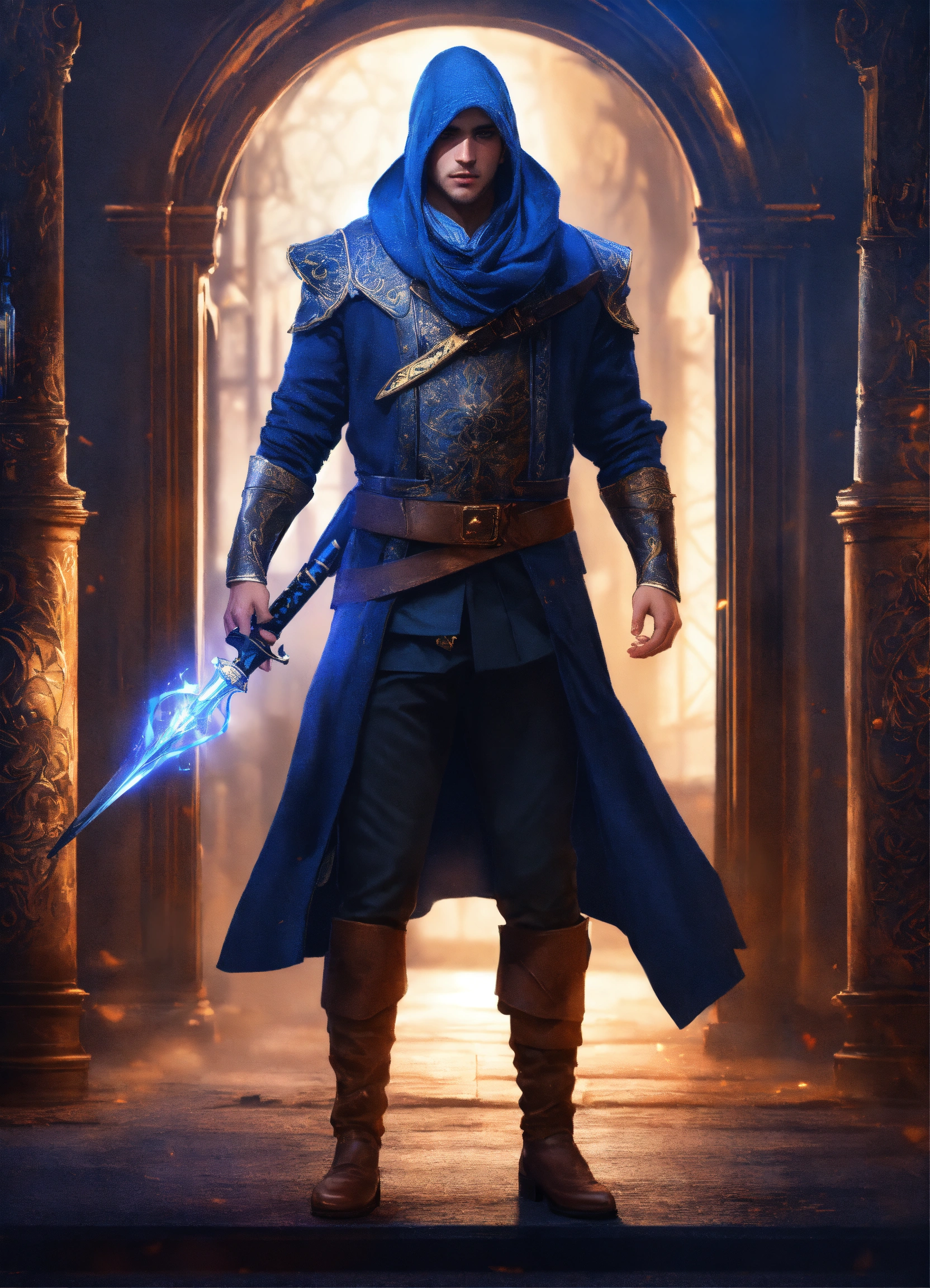 Lexica - A realistic full body portrait of a male magic user, indigo ...