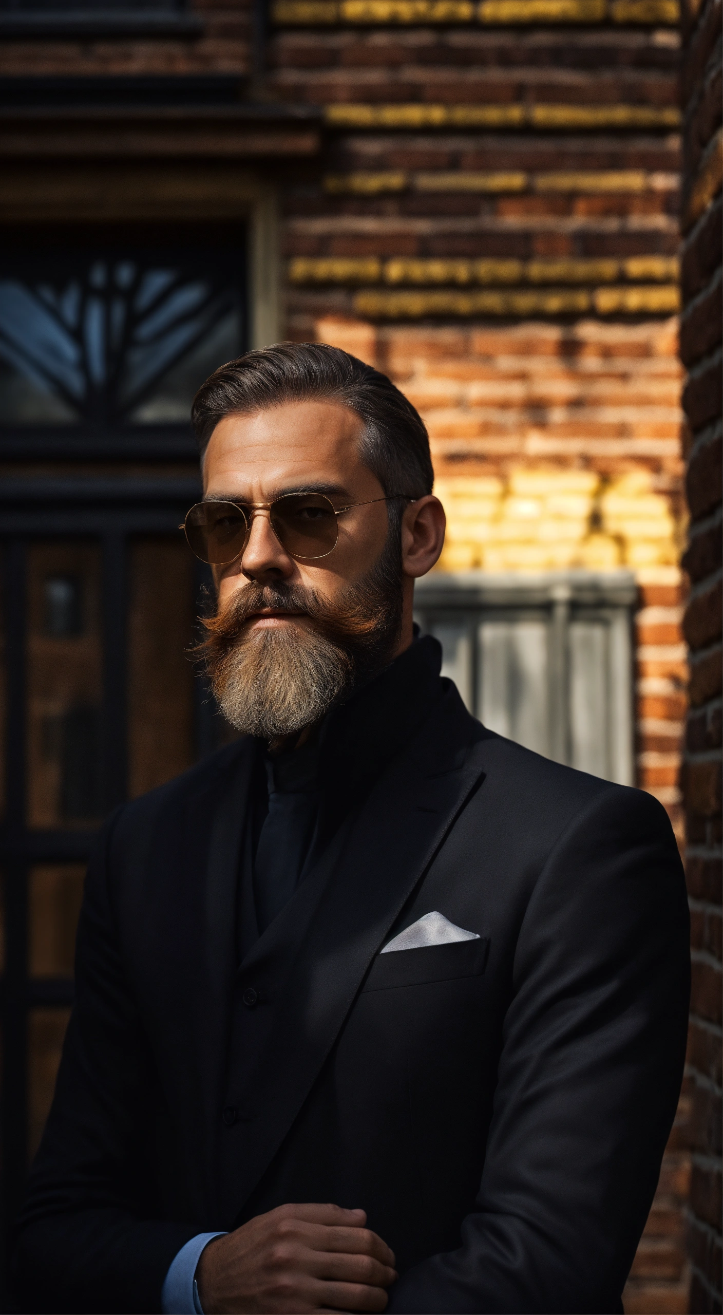 Lexica - Wealthy man with beard in front of brick wall hyper realistic