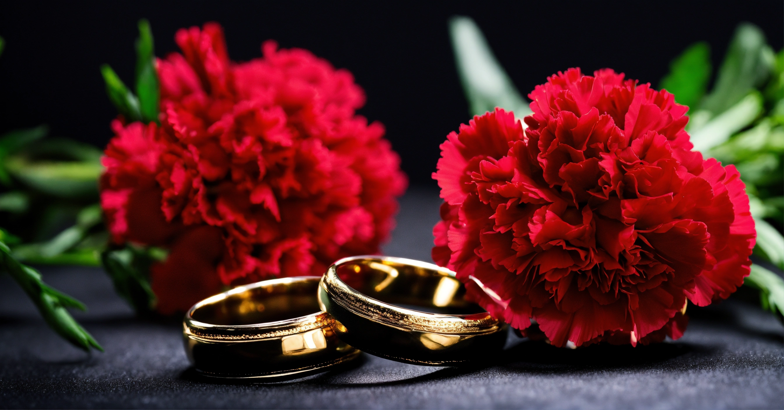 Lexica - Black background, red carnations, two golden rings, men style rings, lover, romantic