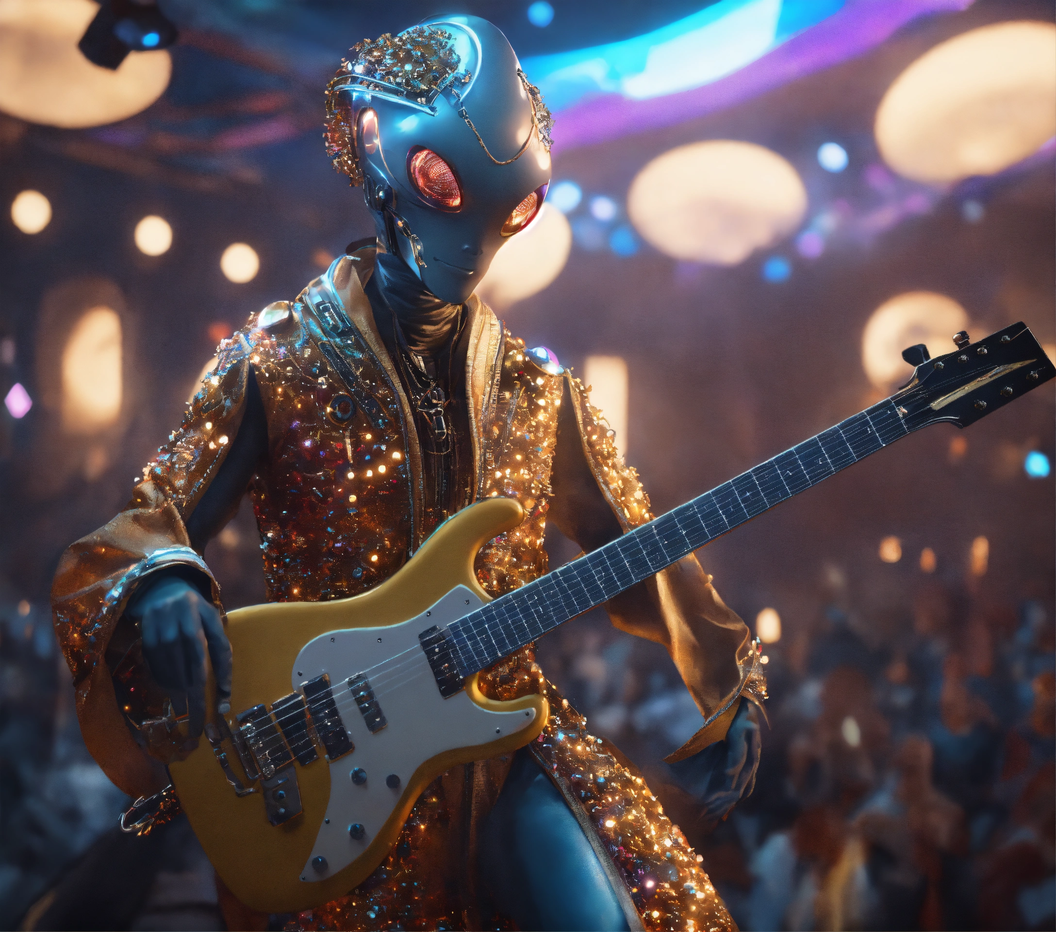 Lexica - Zoom out from a funny male alien humanoid wearing a fancy ...