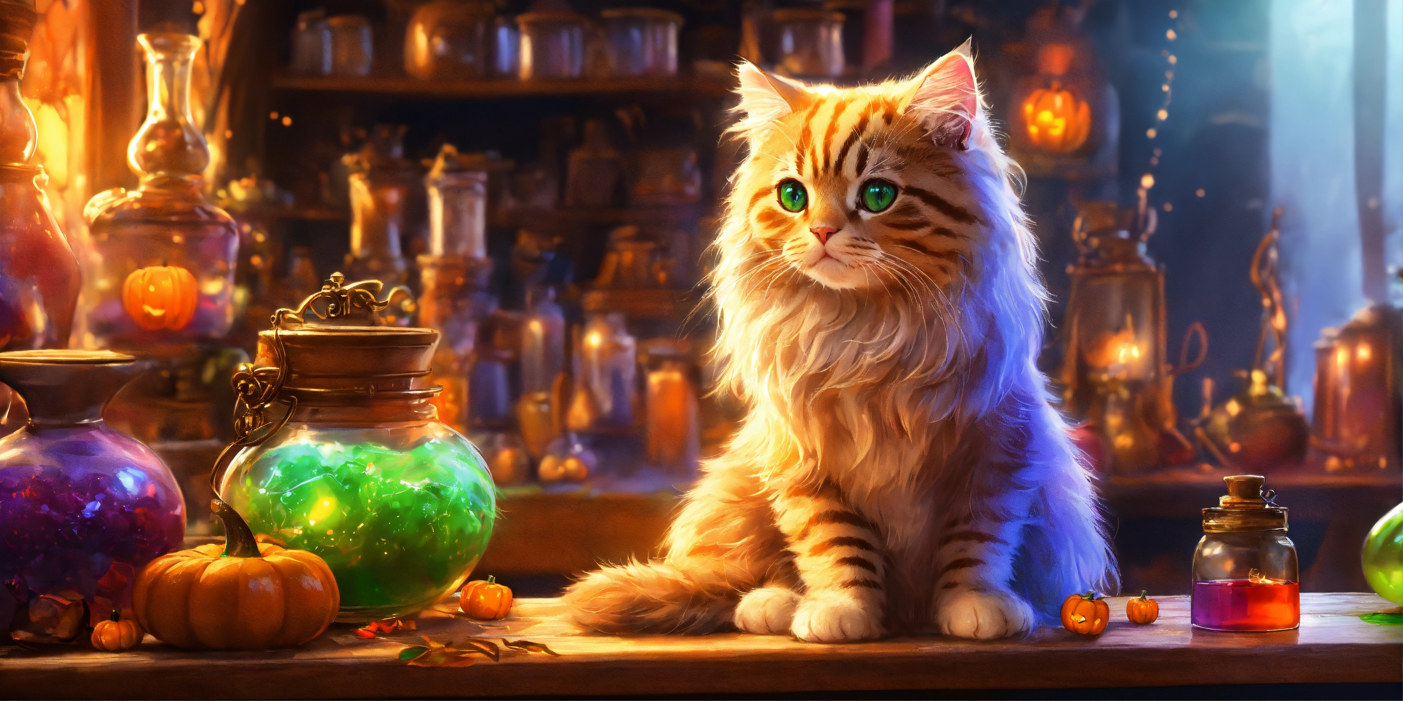 Lexica - Fluffy cute cat in a potions and potions shop on Halloween ...
