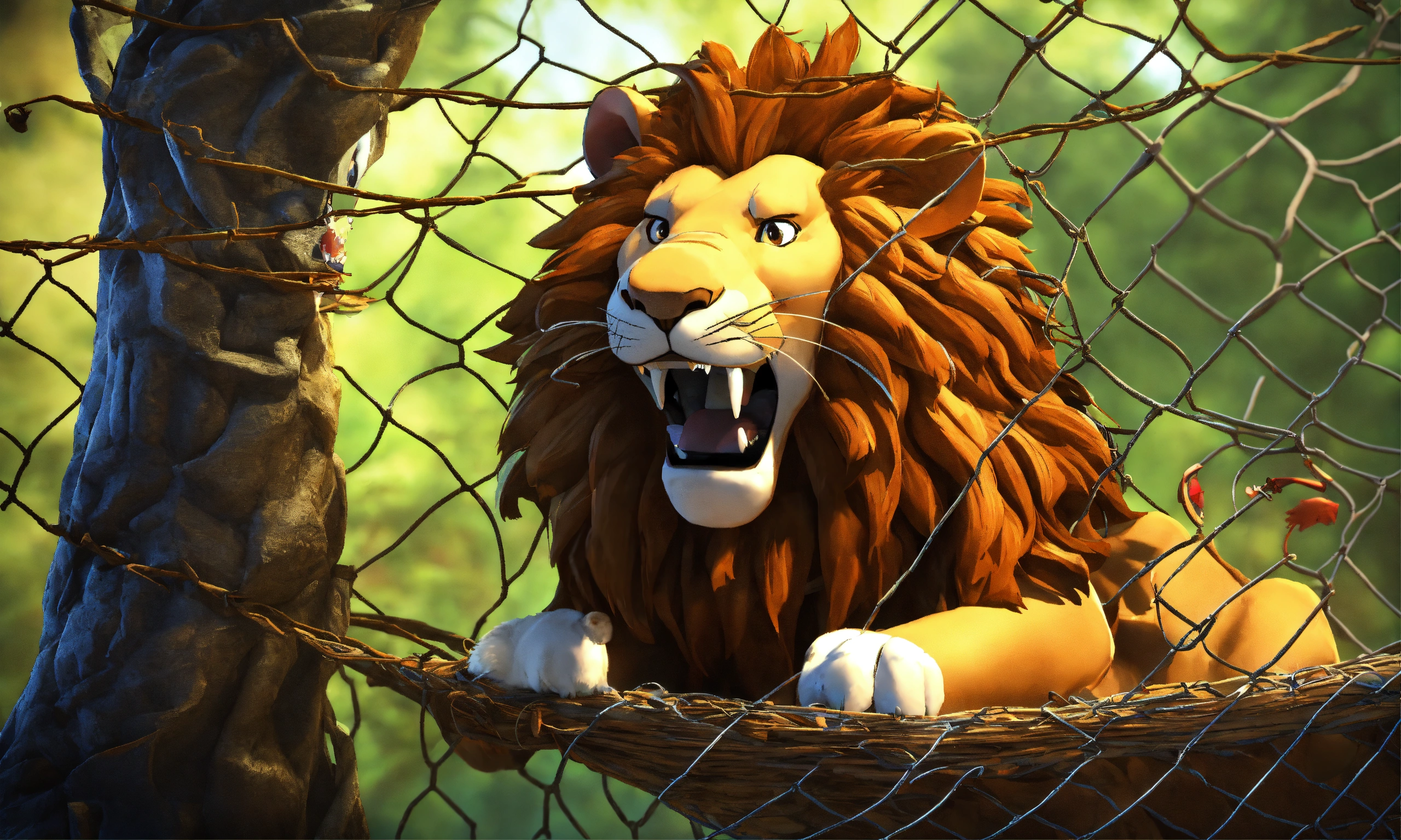 Lexica - Cartoon 3d big lion was captured and trapped in a net and ...