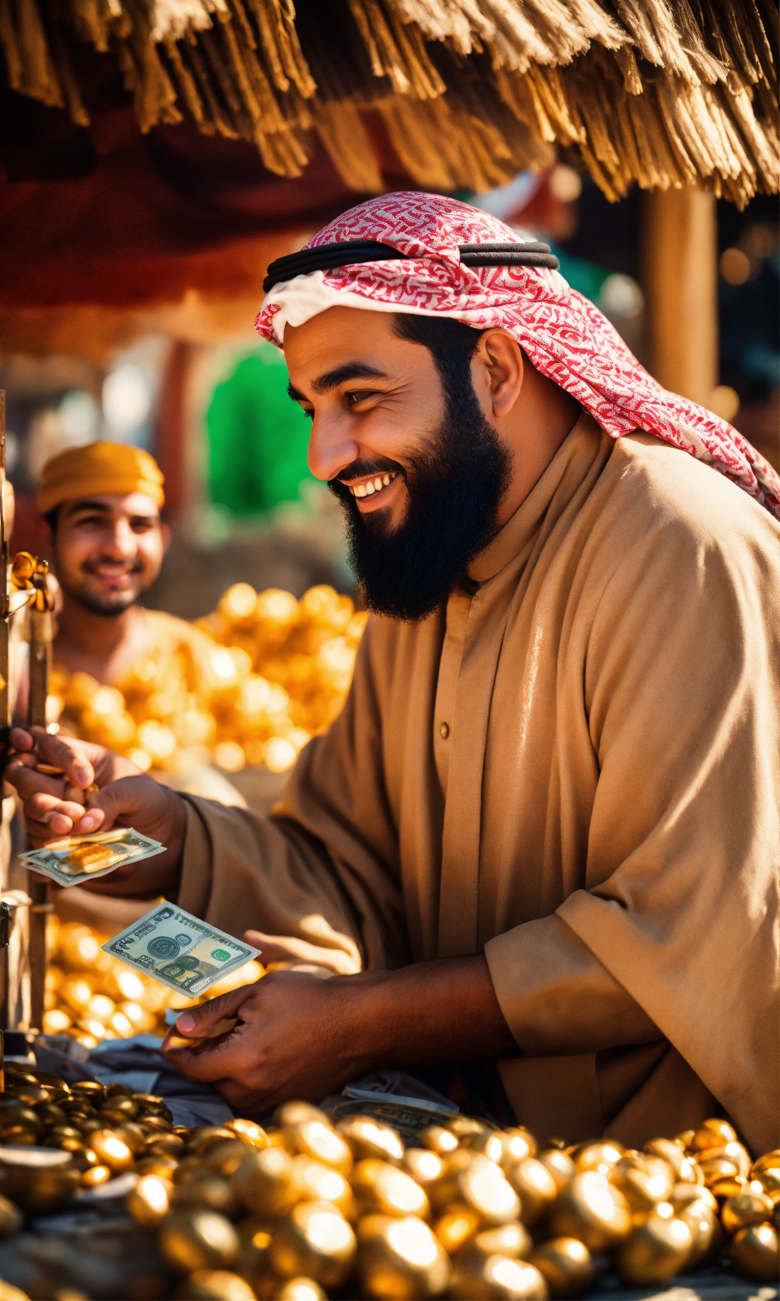 Lexica - A smiling plump arab merchant, giving money to his son ...